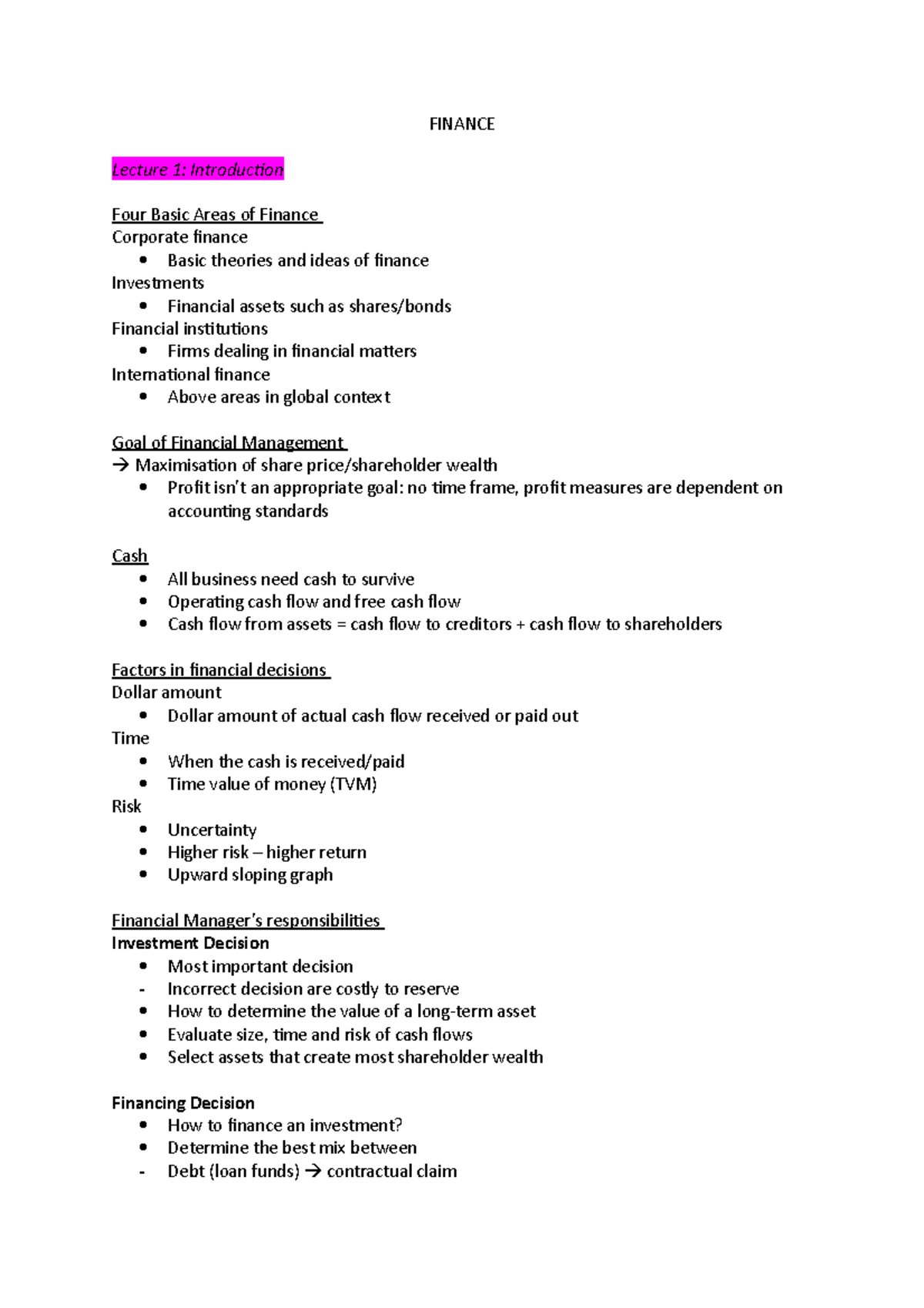 Finance notes - FINANCE Lecture 1: Introduction Four Basic Areas of ...