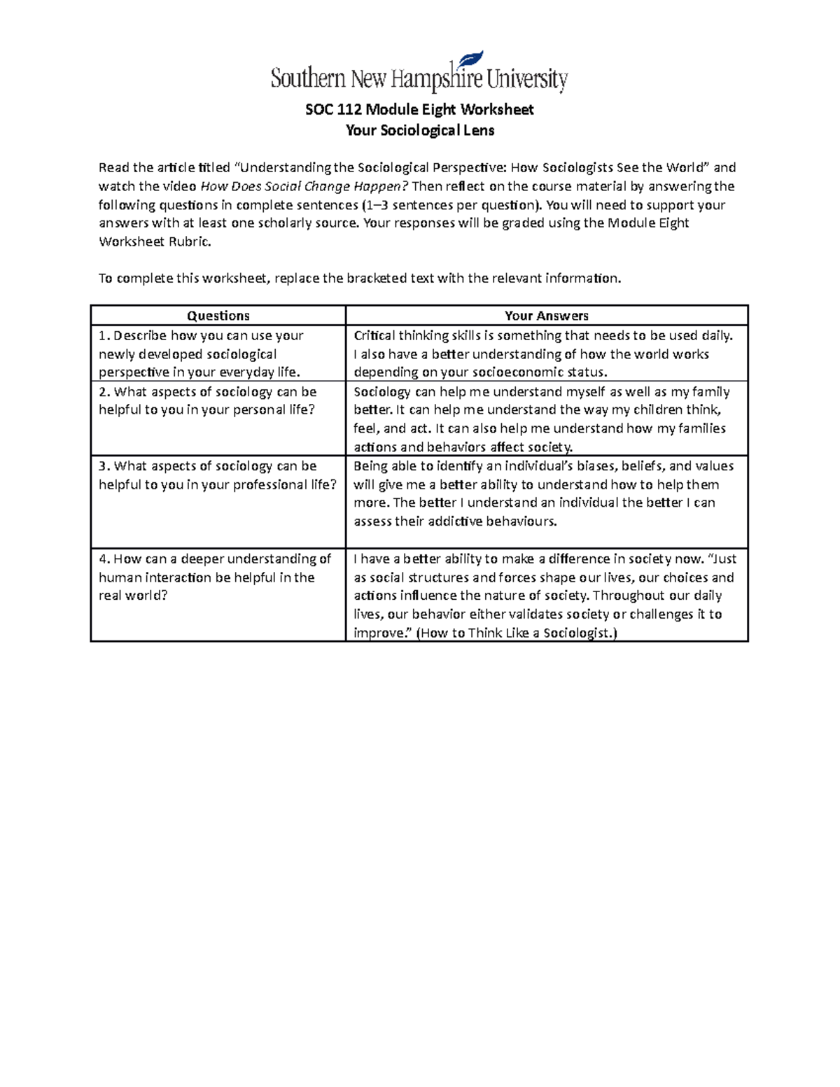 Society Sociology Worksheet