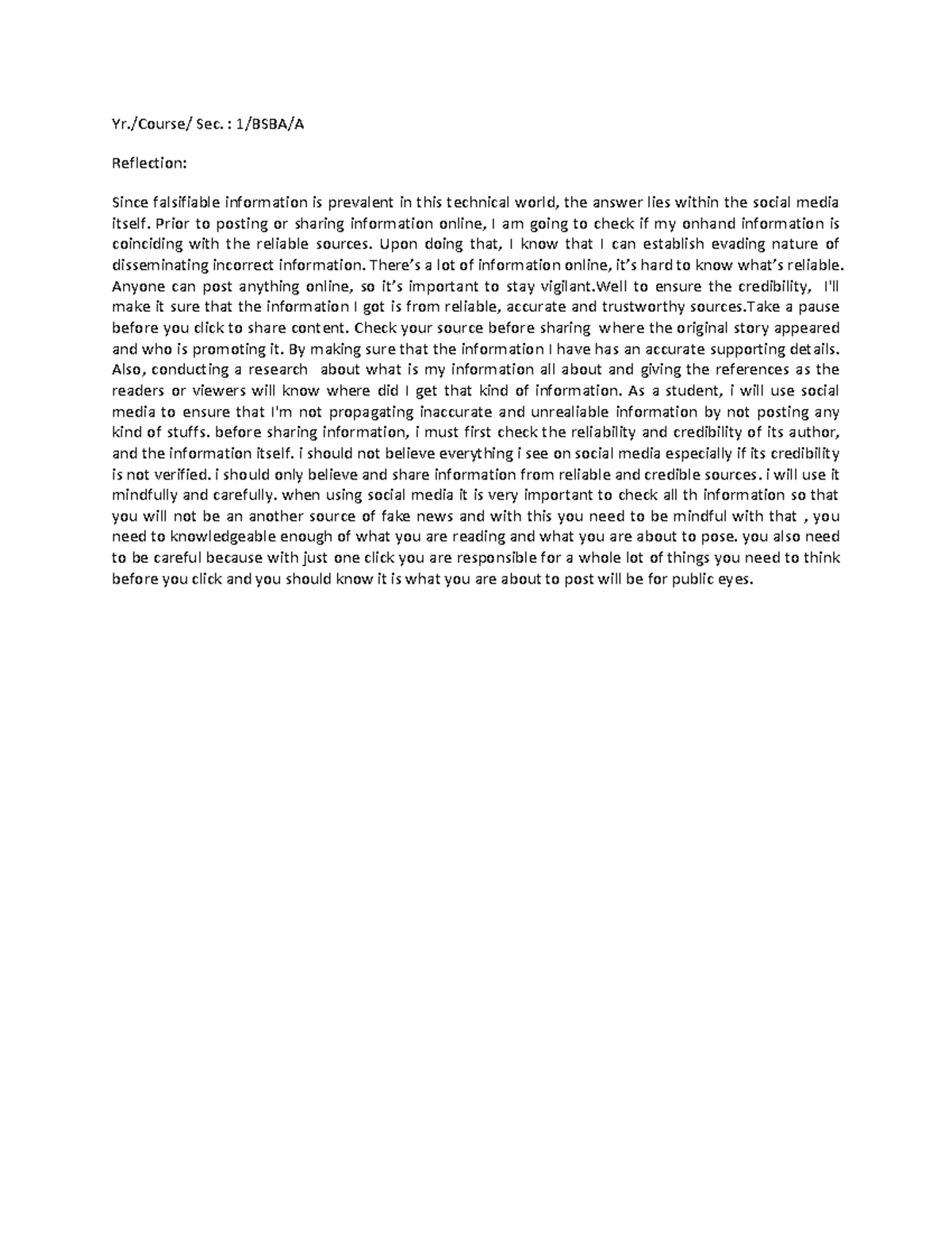 Reflection of using social media - Yr./Course/ Sec. : 1/BSBA/A ...