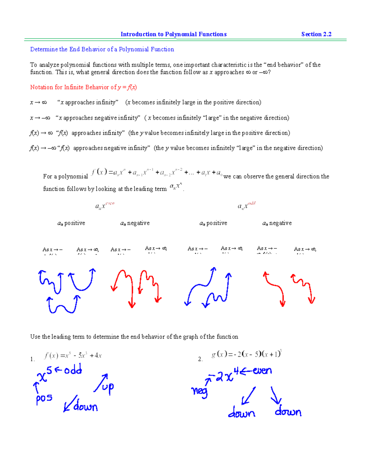 Introduction to Polynomial Functions - Determine the End Behavior of a ...