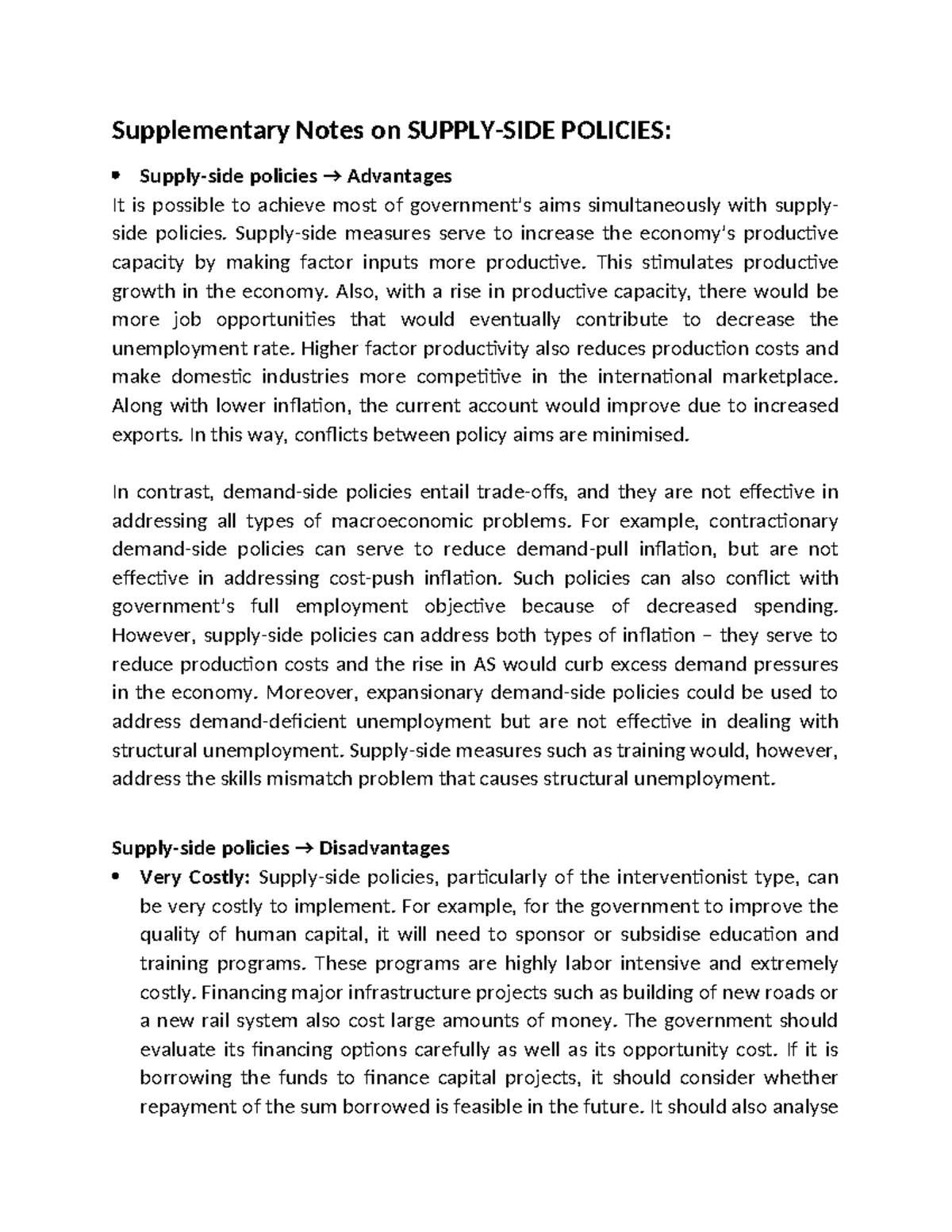 Supply-side policies (Evaluation) - Supplementary Notes on SUPPLY-SIDE ...