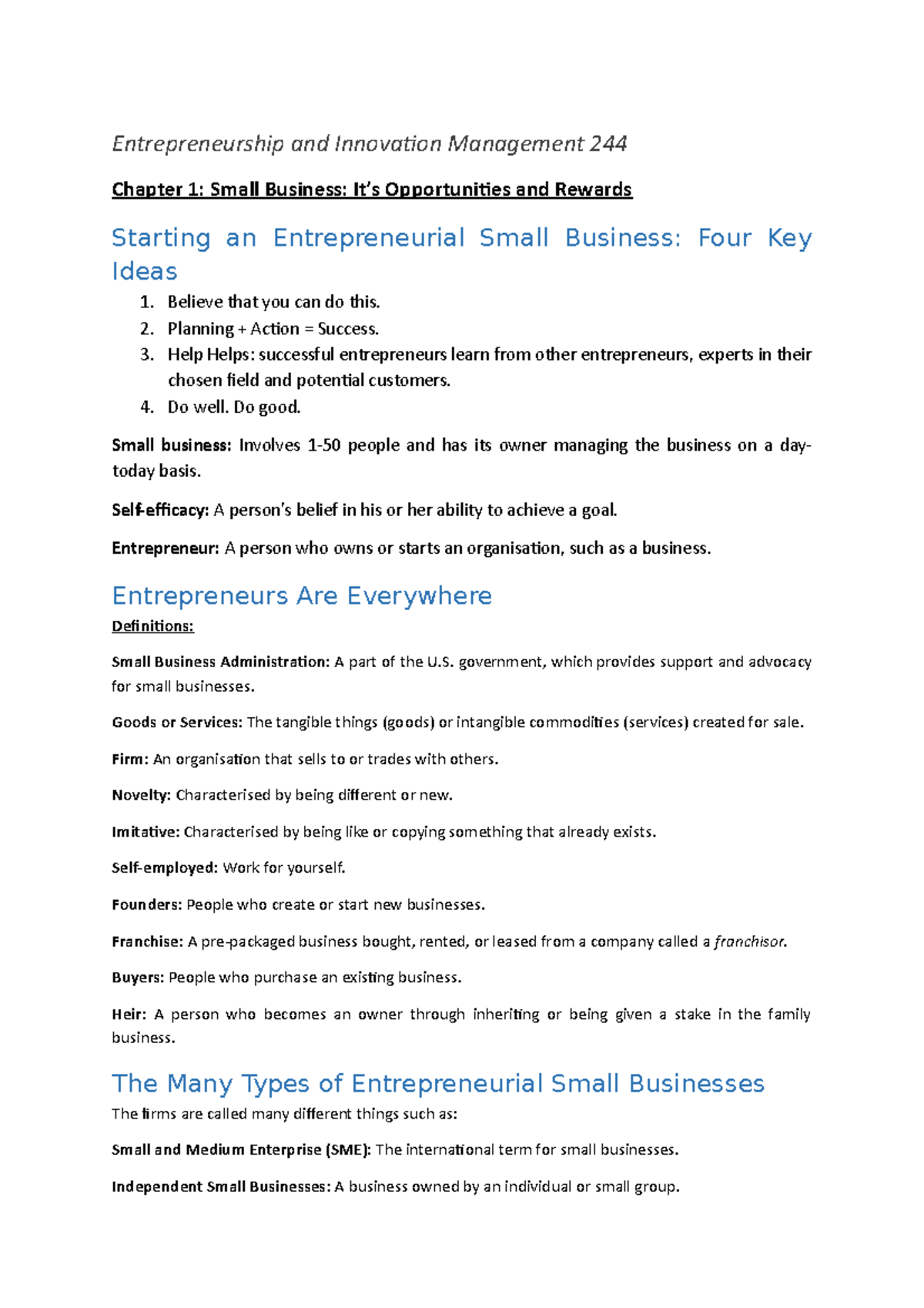 Summary Chapter 1-9 - Entrepreneurship 244 summaries Part 2 ...