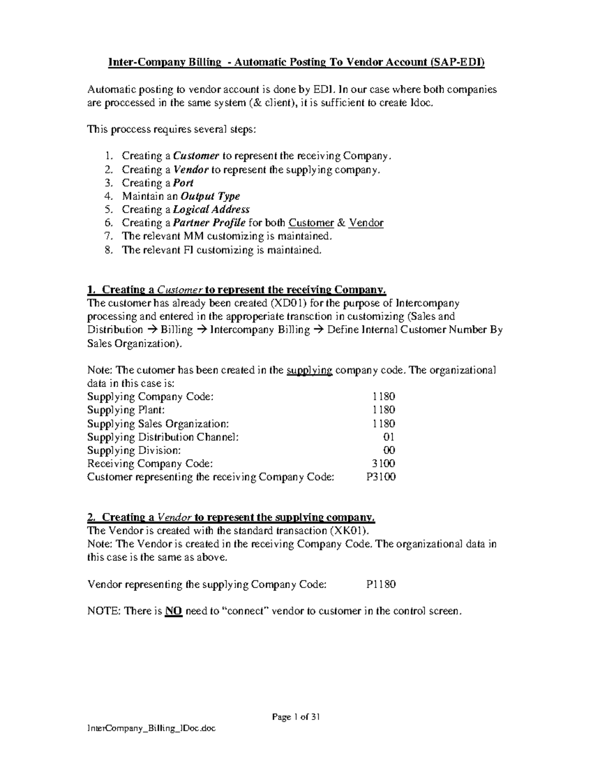 Automatic posting to vendor account IC - Inter-Company Billing ...