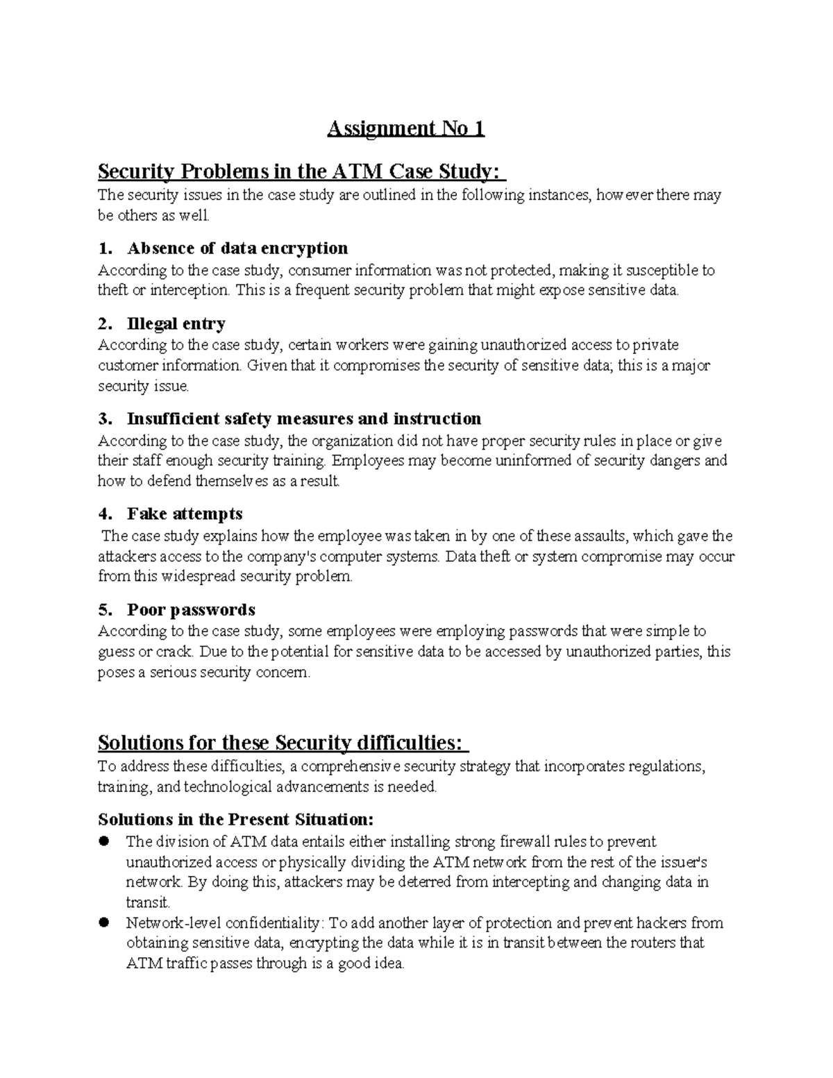 Assignment 1 solution - Assignment No 1 Security Problems in the ATM ...