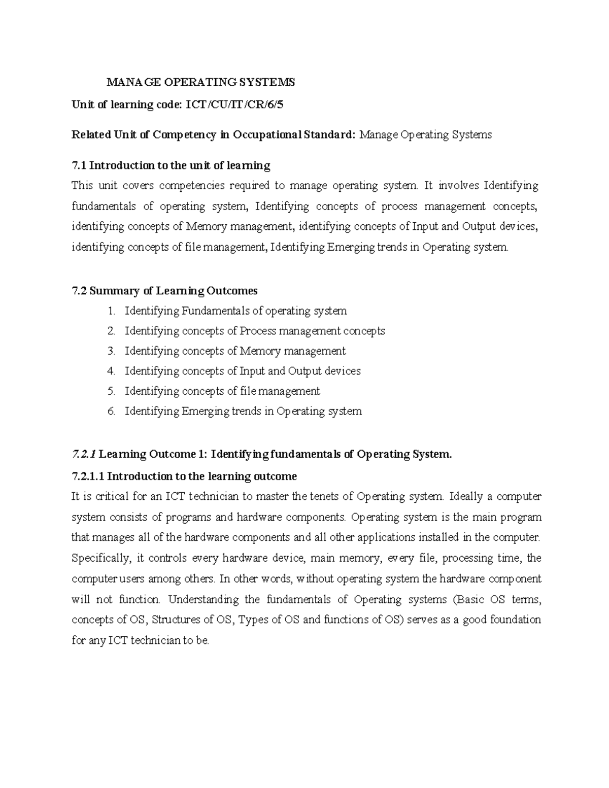 Unit of learning code: ICT/CU/IT/CR/6/5 - MANAGE OPERATING SYSTEMS Unit ...