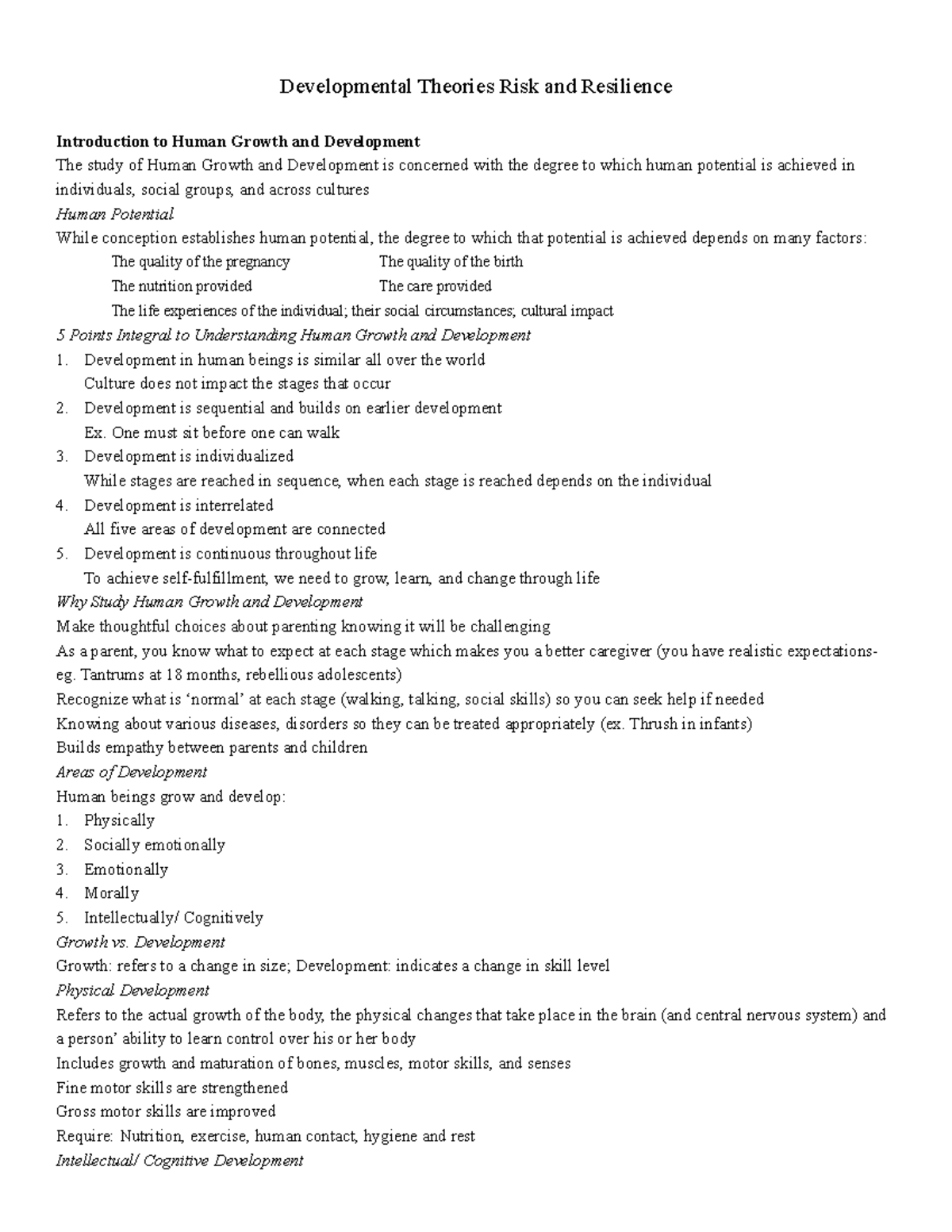 HHS4U Lecture Notes - Developmental Theories Risk and Resilience ...