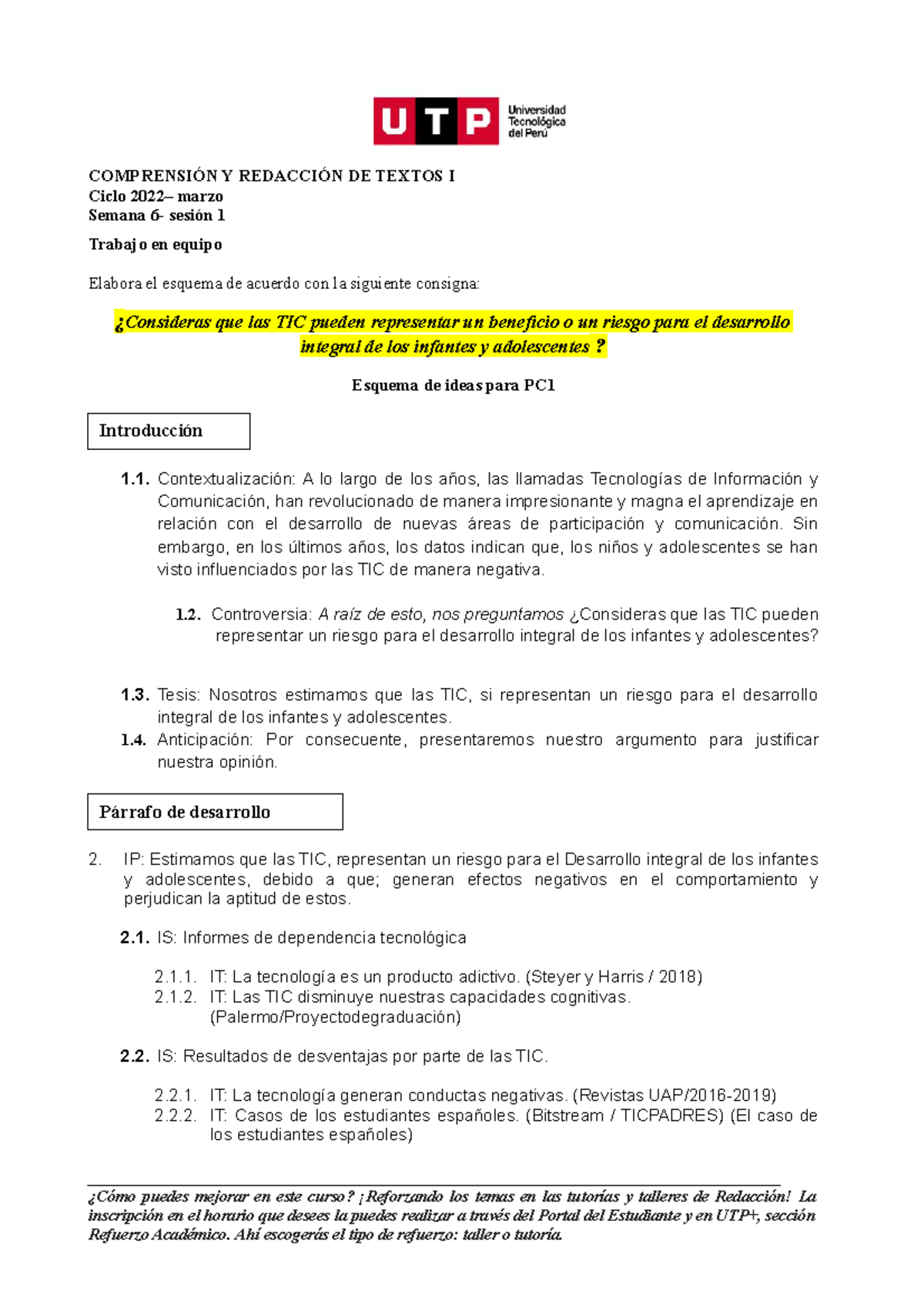 S06.s1-Esquema para PC1 (material) 2022 marzo - COMPRENSIÓN Y REDACCIÓN DE TEXTOS I Ciclo 2022 ...