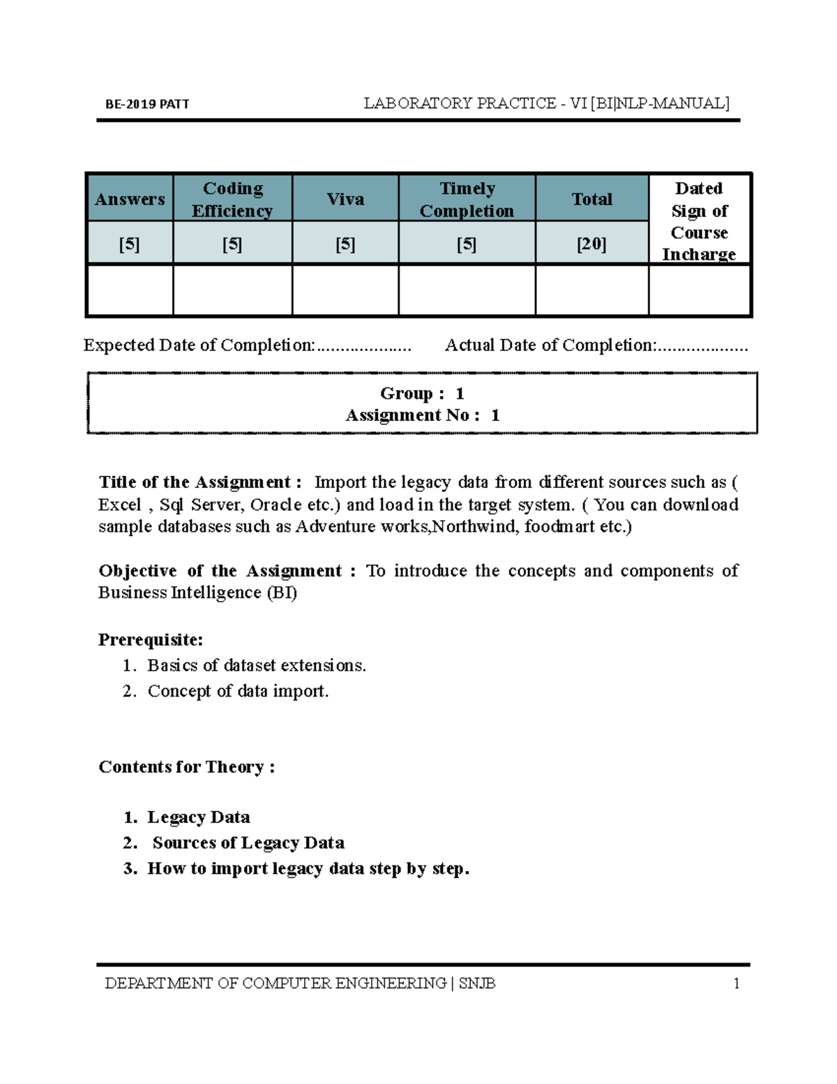 BI Assignment - 1 Manual - Answers Coding Efficiency Viva Timely Completion Total Dated Sign of ...