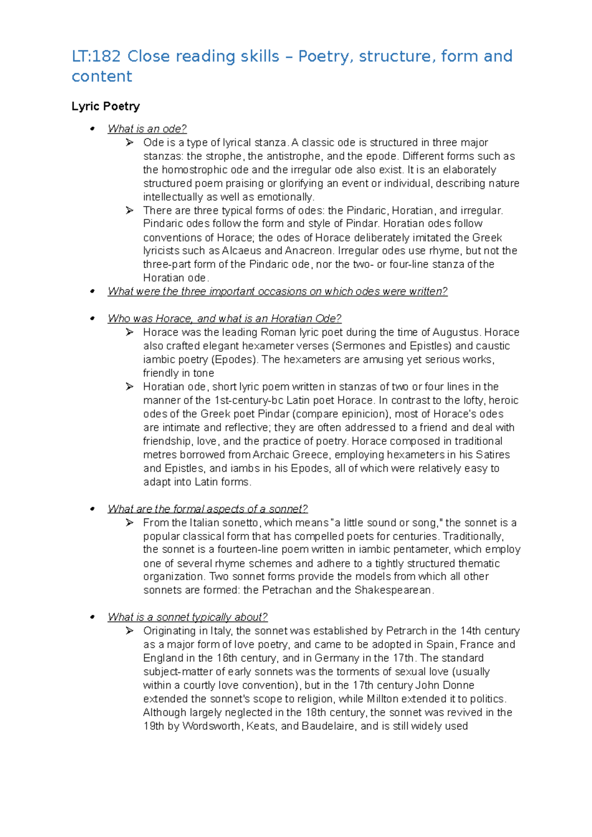 Lyric Poetry - Thorough and detailed notes. Complete. - LT:182 Close ...