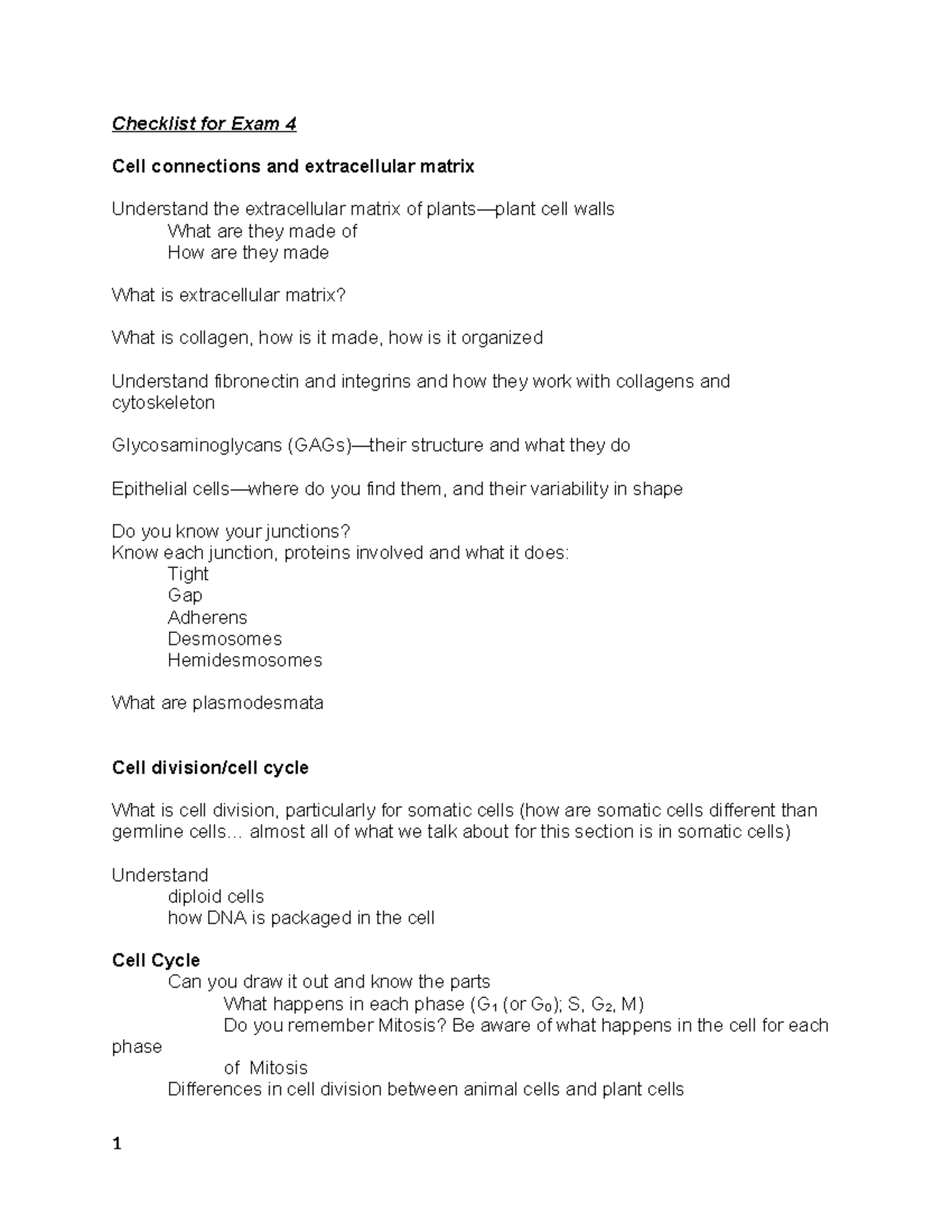 Checklist for Exam 4 Corrected - Checklist for Exam 4 Cell connections ...