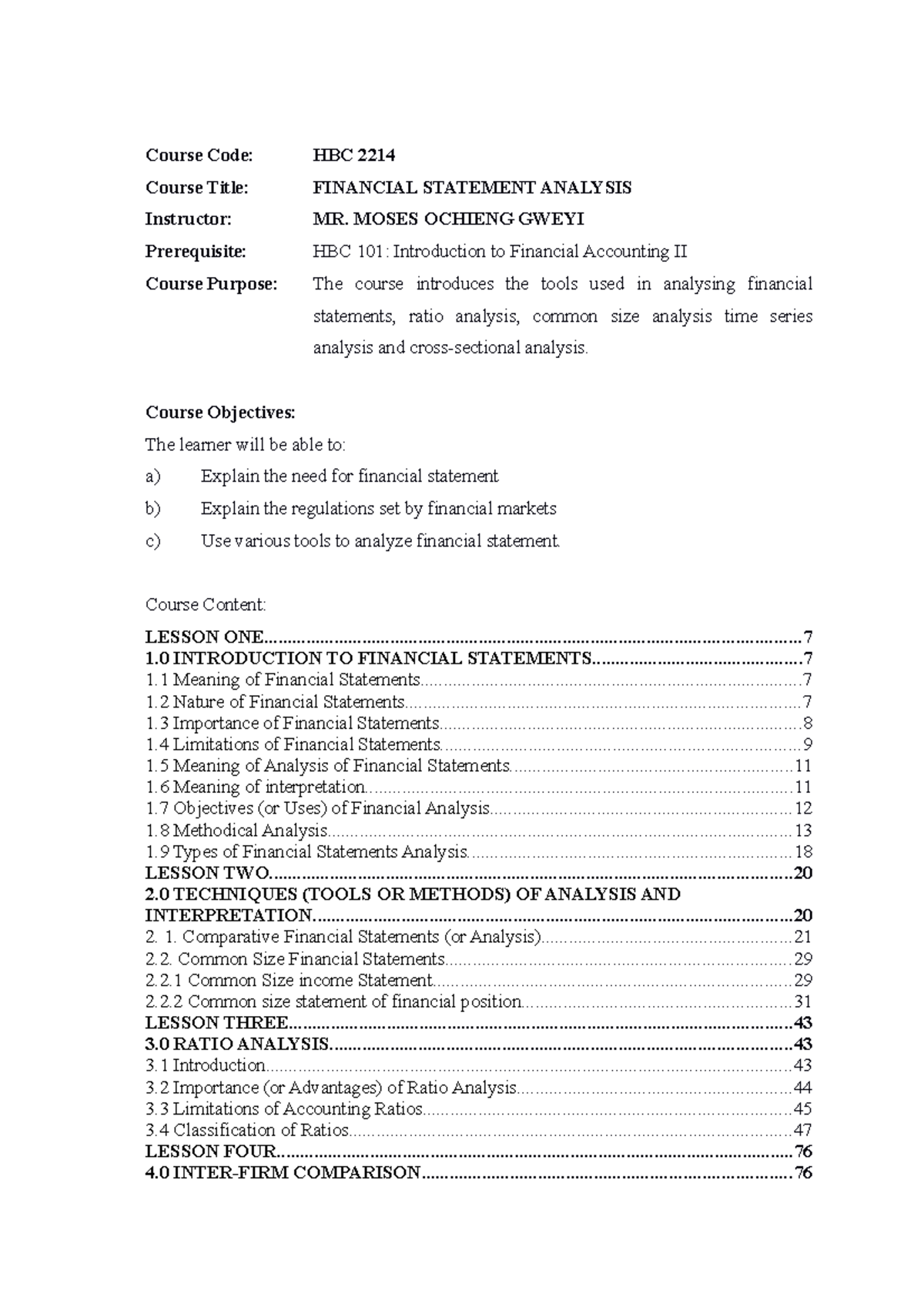 Financial Statement Analysis - Course Code: HBC 2214 Course Title ...