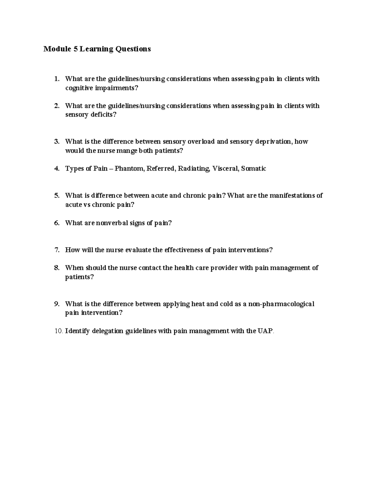 NUR 215 Module 5 Learning Questions - Module 5 Learning Questions What ...