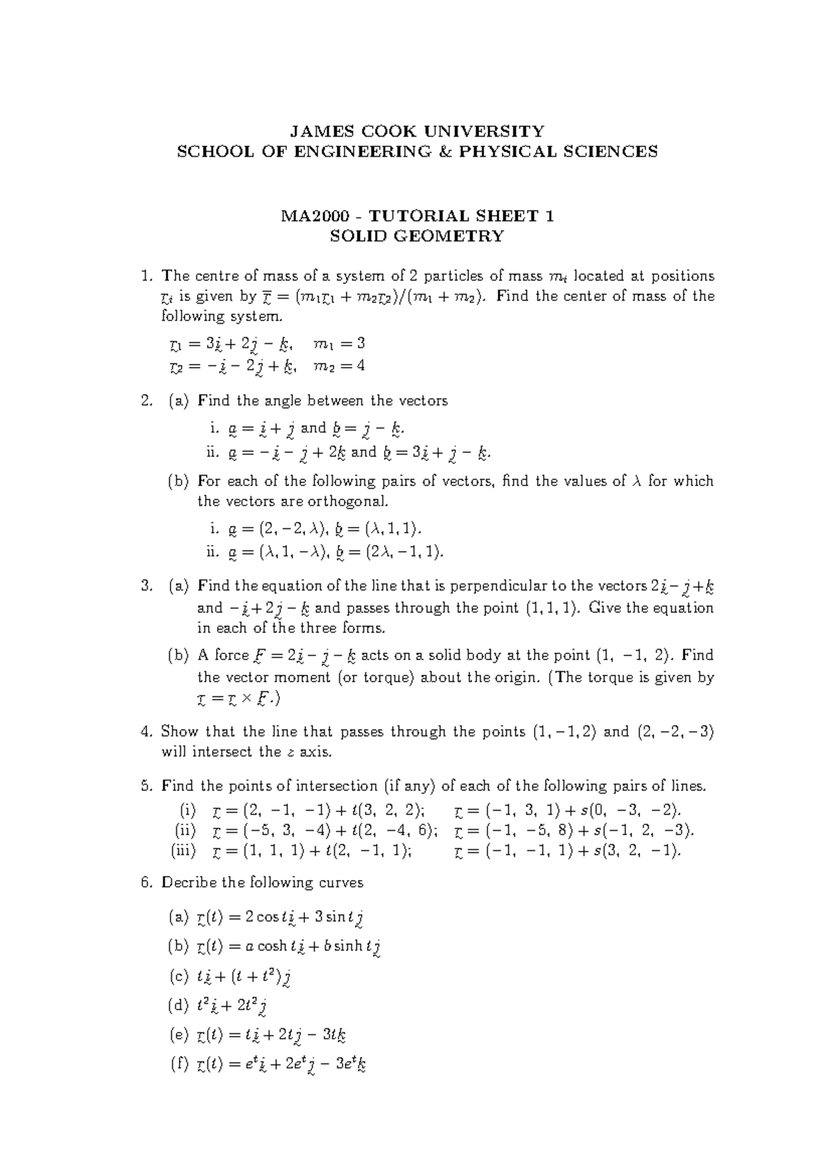 Tutorial work - sheets 1-9 - JAMES COOK UNIVERSITY SCHOOL OF ...