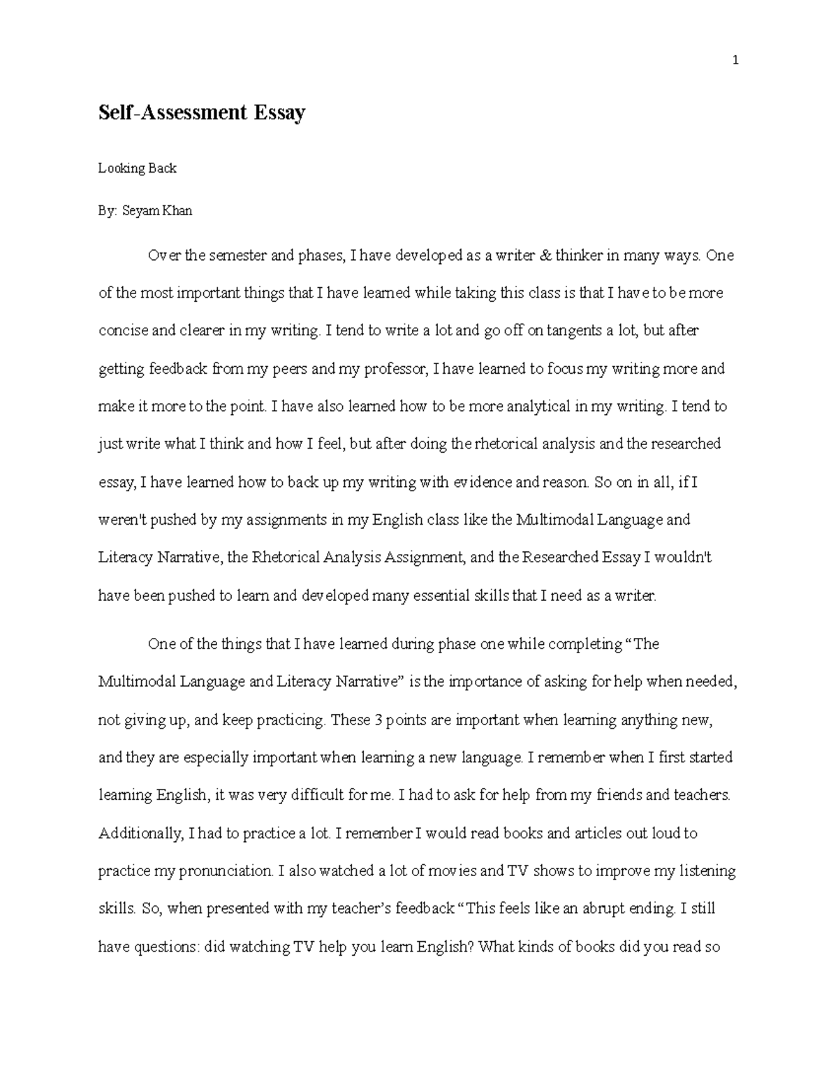 The Self-Assessment Essay - Self-Assessment Essay Looking Back By ...