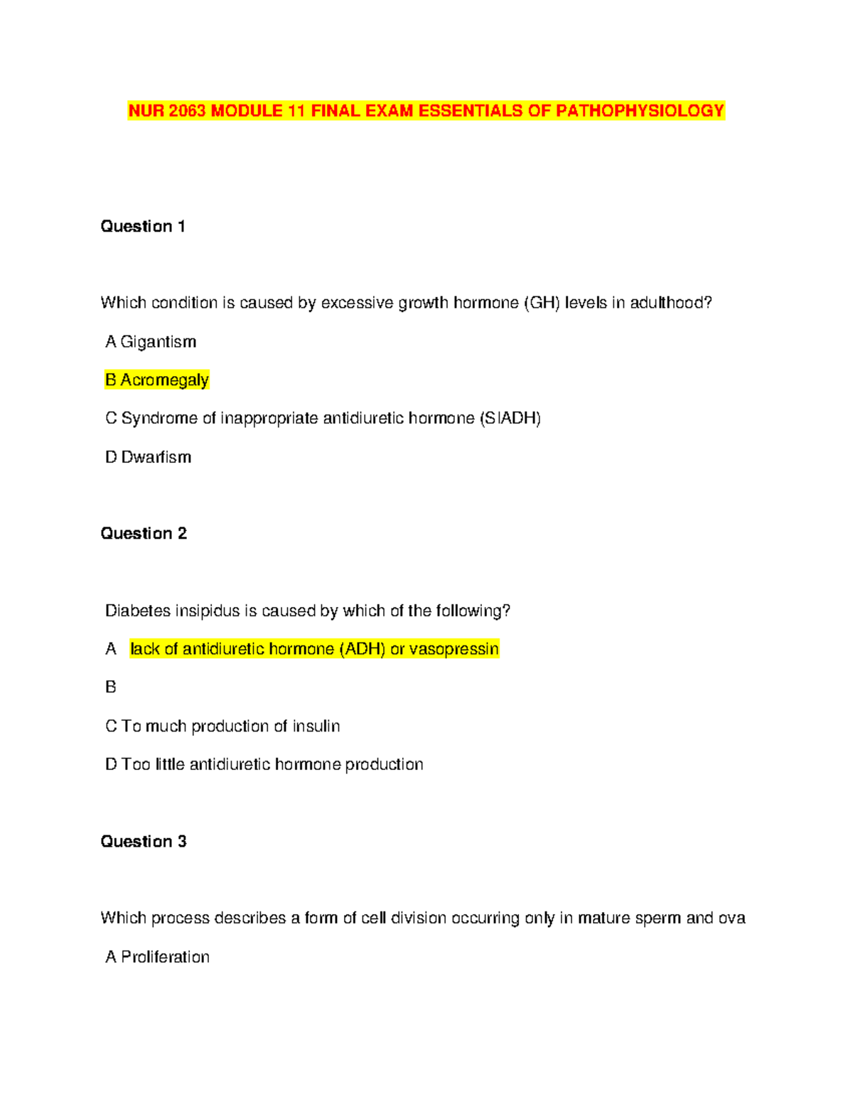 Module 11 Final EXAM Essentials OF Pathophysiology - NUR 2063 MODULE 11 ...