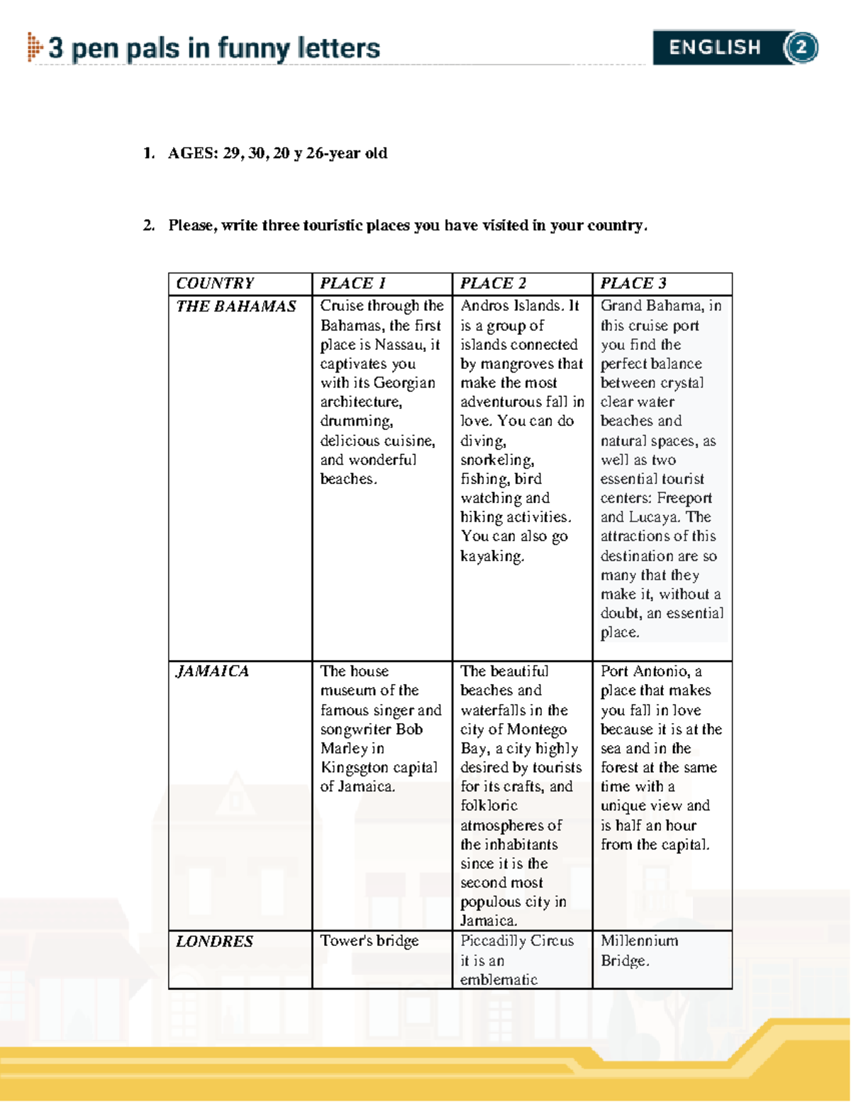 Pen Pal application form Ingles II - 1. AGES: 29, 30, 20 y 26-year old ...