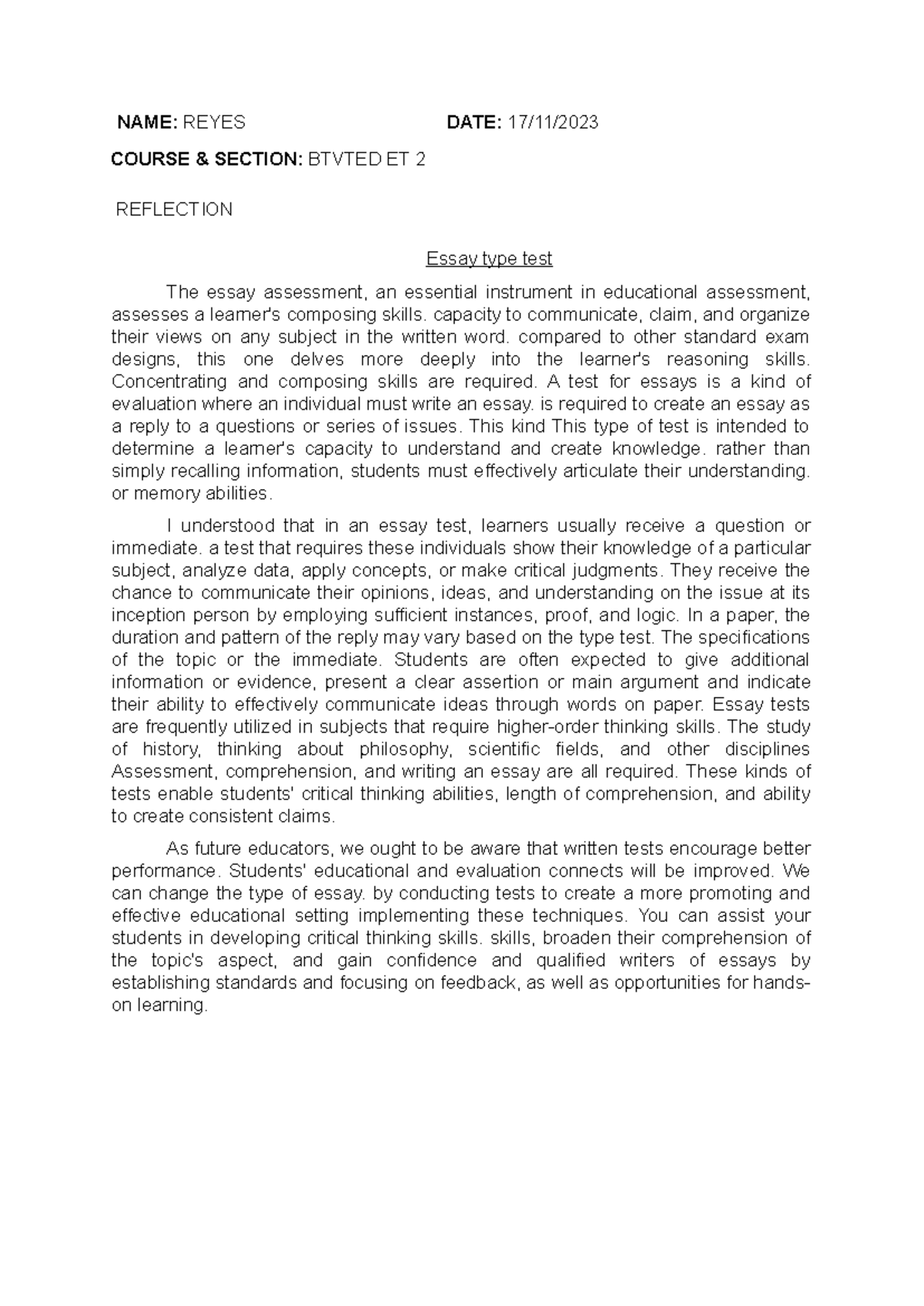 18. Essay type test - NAME: REYES DATE: 17/11/ COURSE & SECTION: BTVTED ...