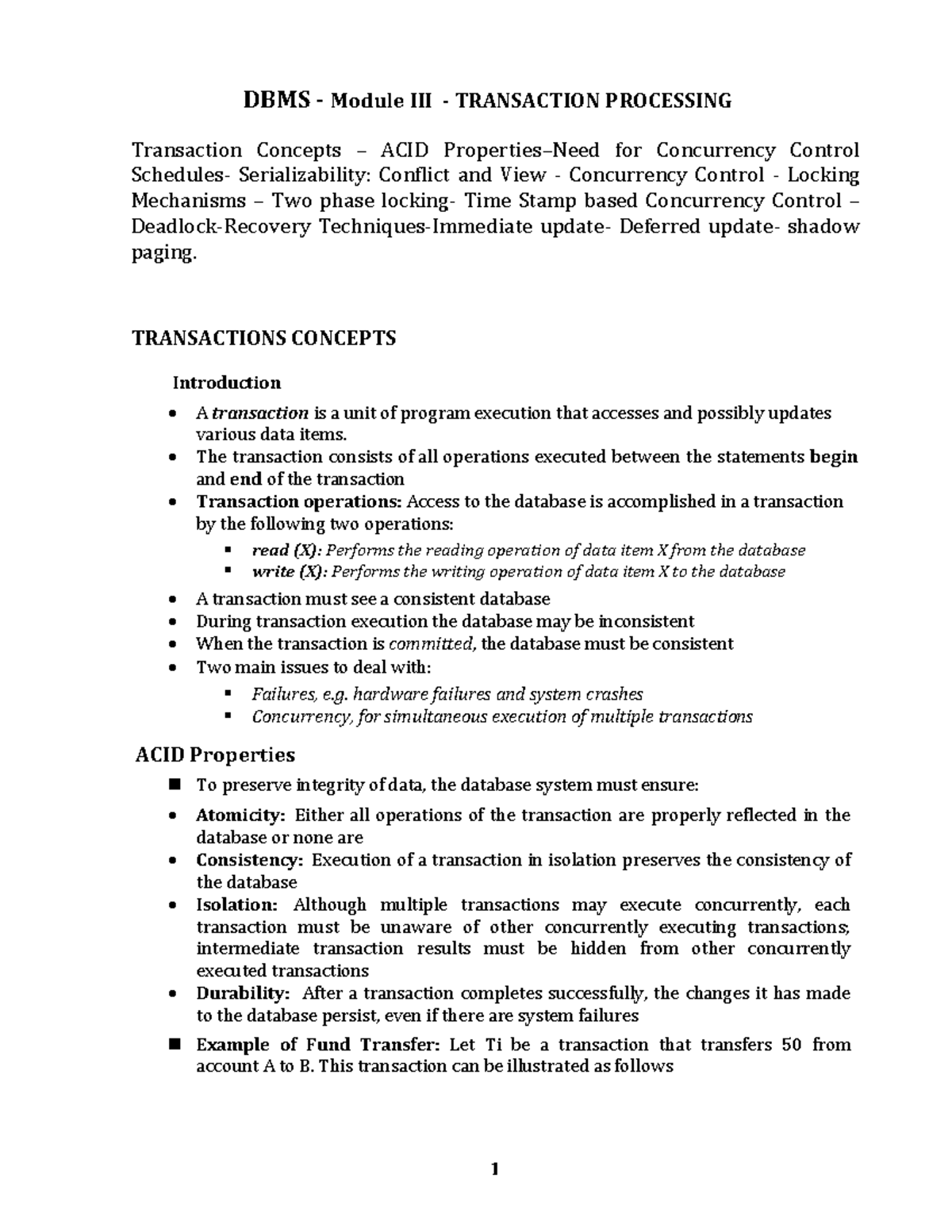 DBMS - Module 3 - Transaction Concepts – ACID Properties–Need for Concurrency Control Schedules ...
