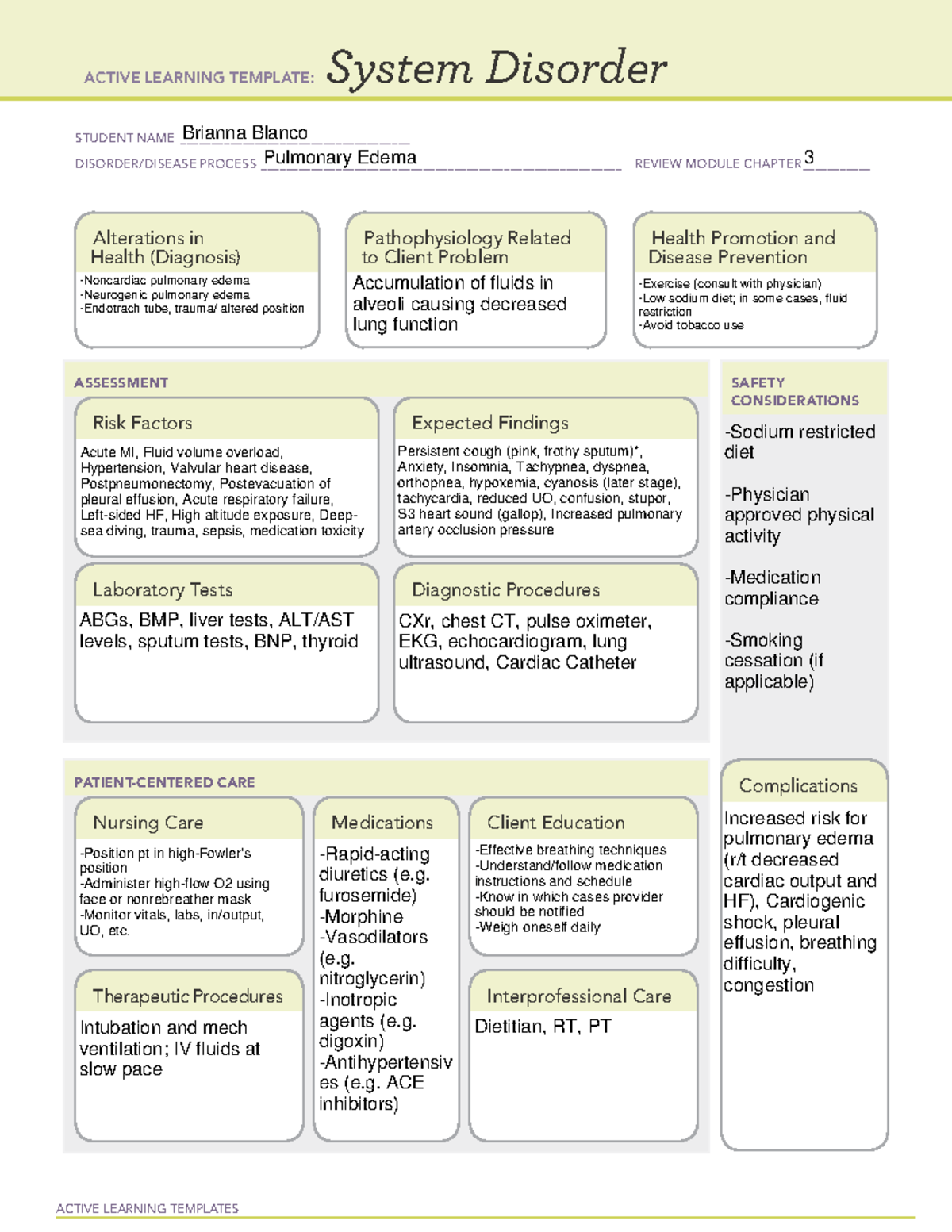 Pulmonary Edema System Disorder Worksheet ACTIVE LEARNING TEMPLATES