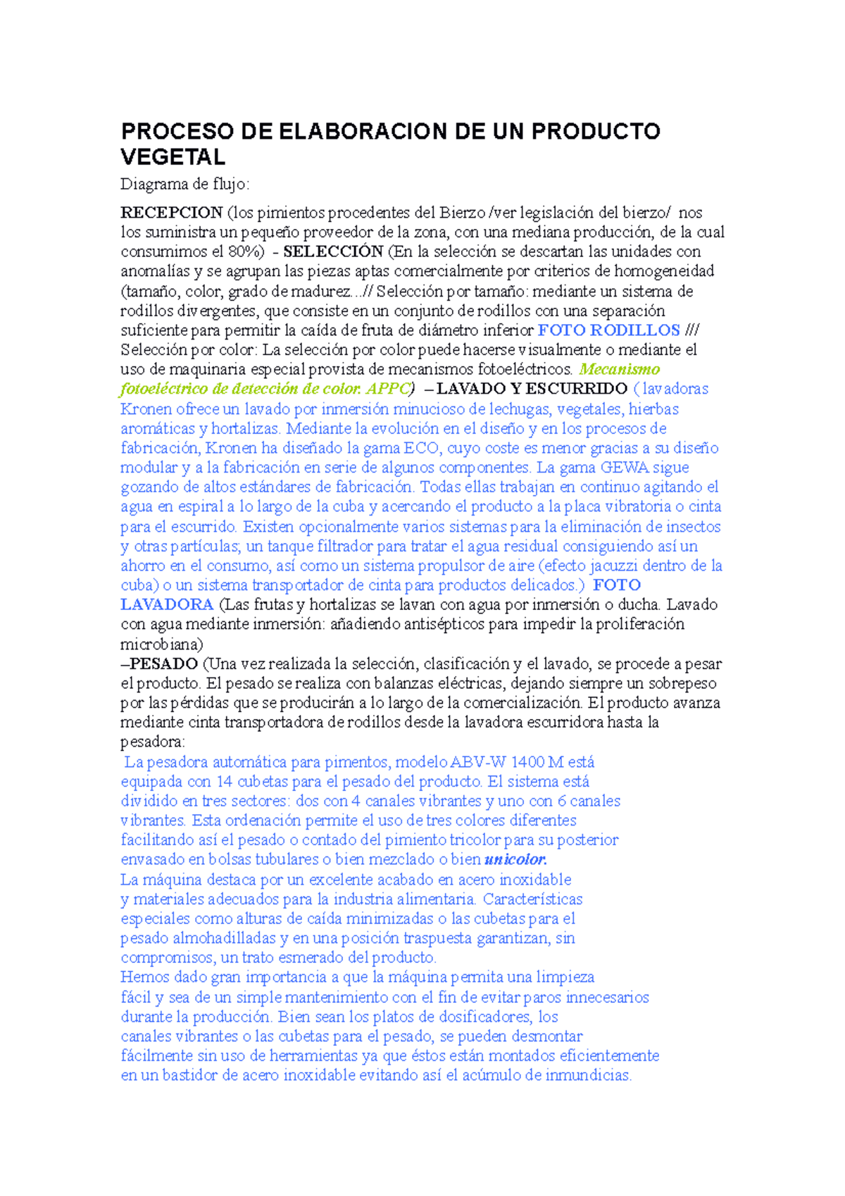 Proceso DE Elaboracion DE UN Producto Vegetal - PROCESO DE ELABORACION ...