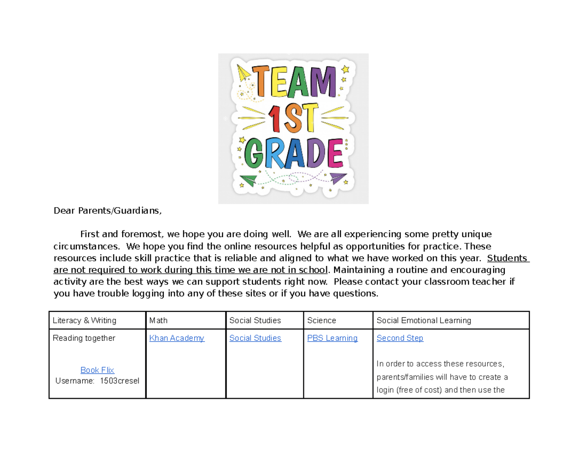 1st Grade - notes - Dear Parents/Guardians, First and foremost, we hope ...