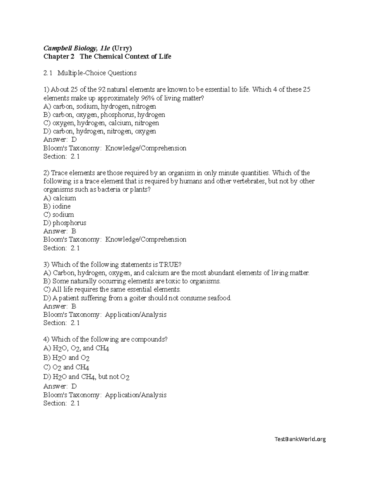 Chapter 2 - Campbell Biology, 11e (Urry) Chapter 2 The Chemical Context ...