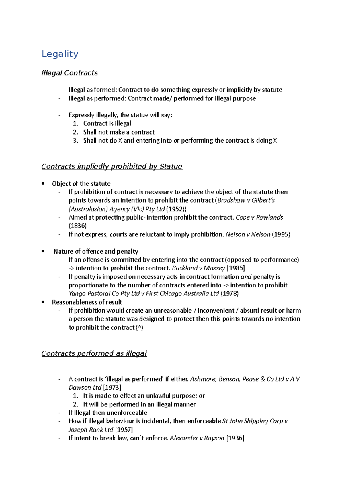 Legality - Concise notes - Legality Illegal Contracts Illegal as formed ...