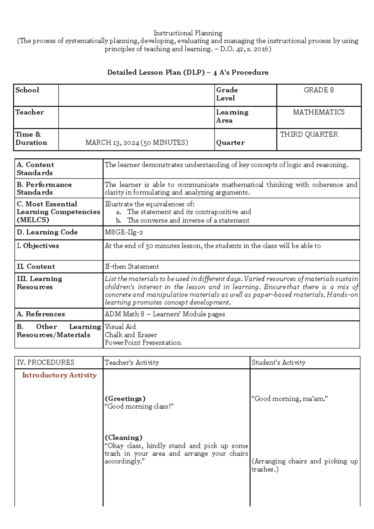 DLP- Edited - N/A - Instructional Planning (The process of ...