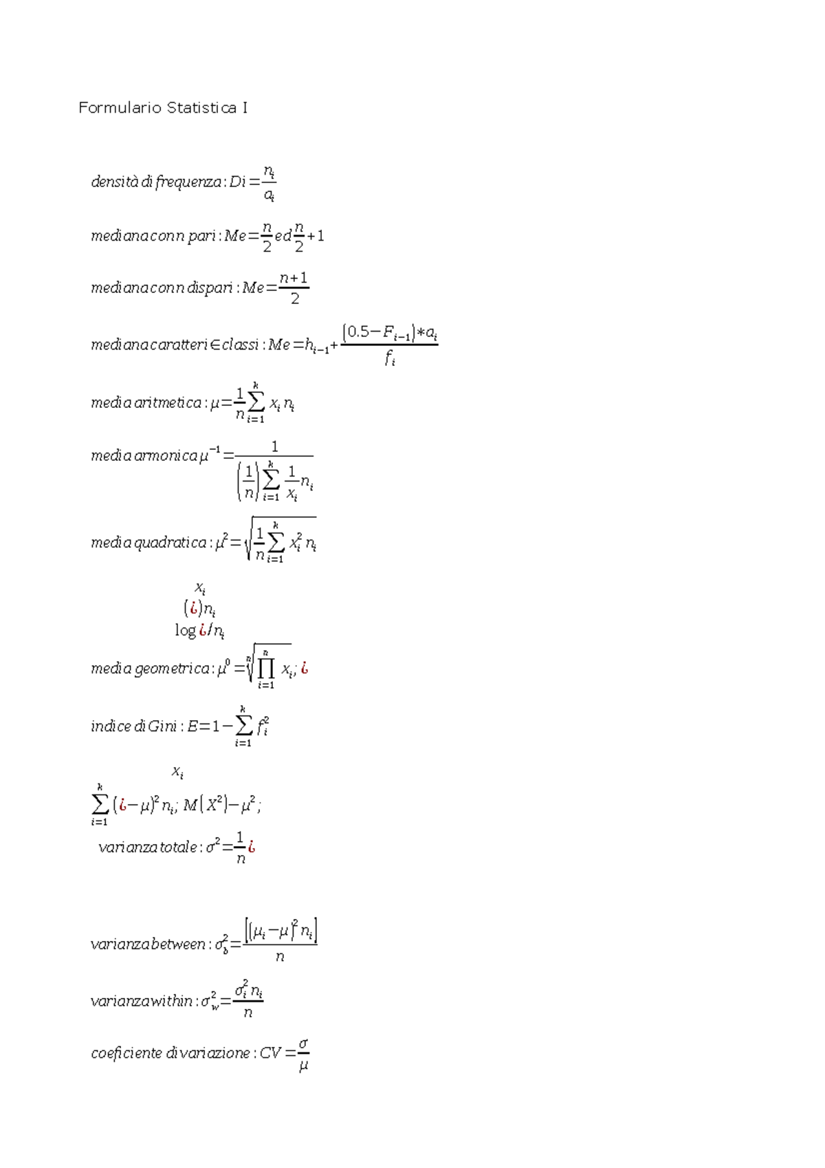 Formulario statistica unicatt - Statistica - UniCatt - Studocu