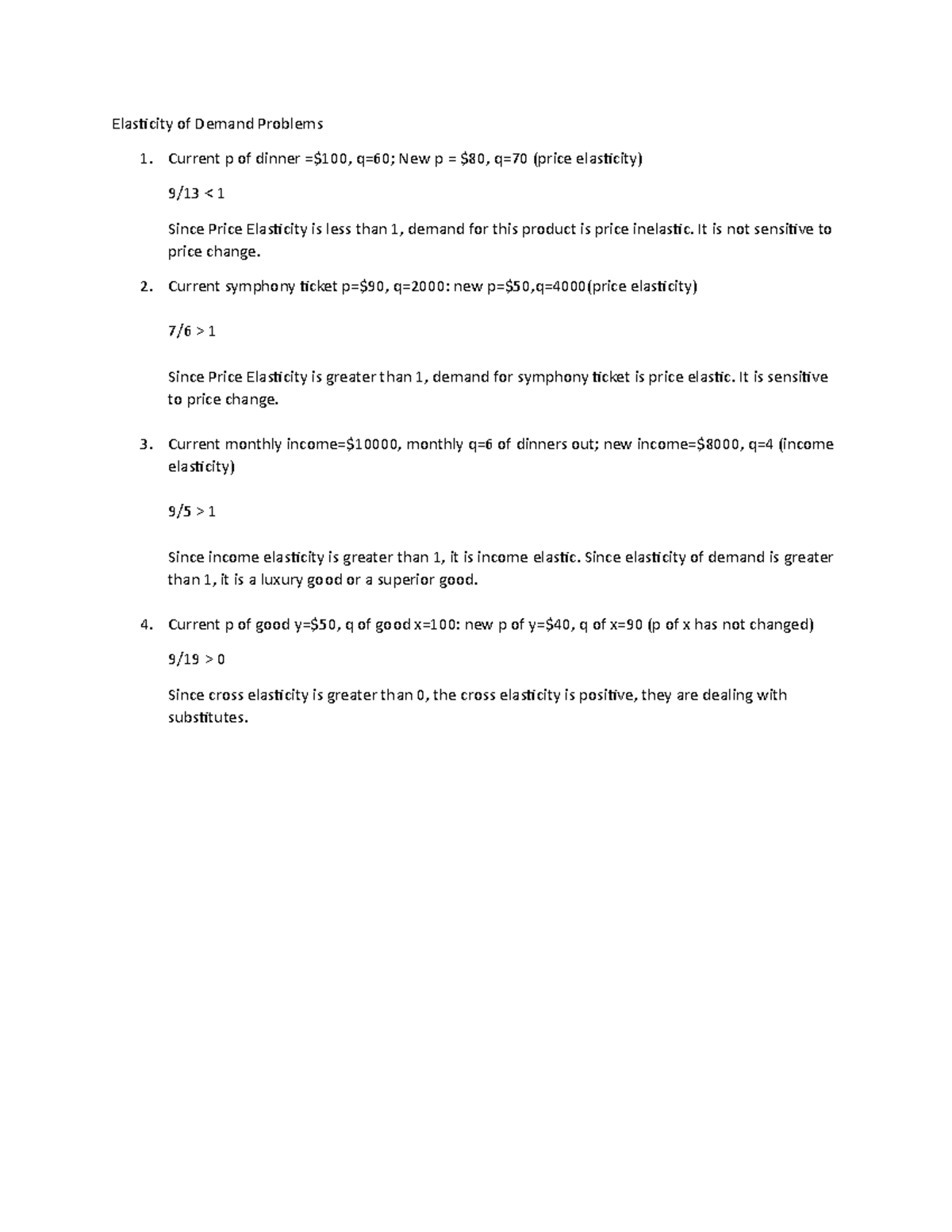 Economics Homework - Elasticity of Demand Problems 1. Current p of ...