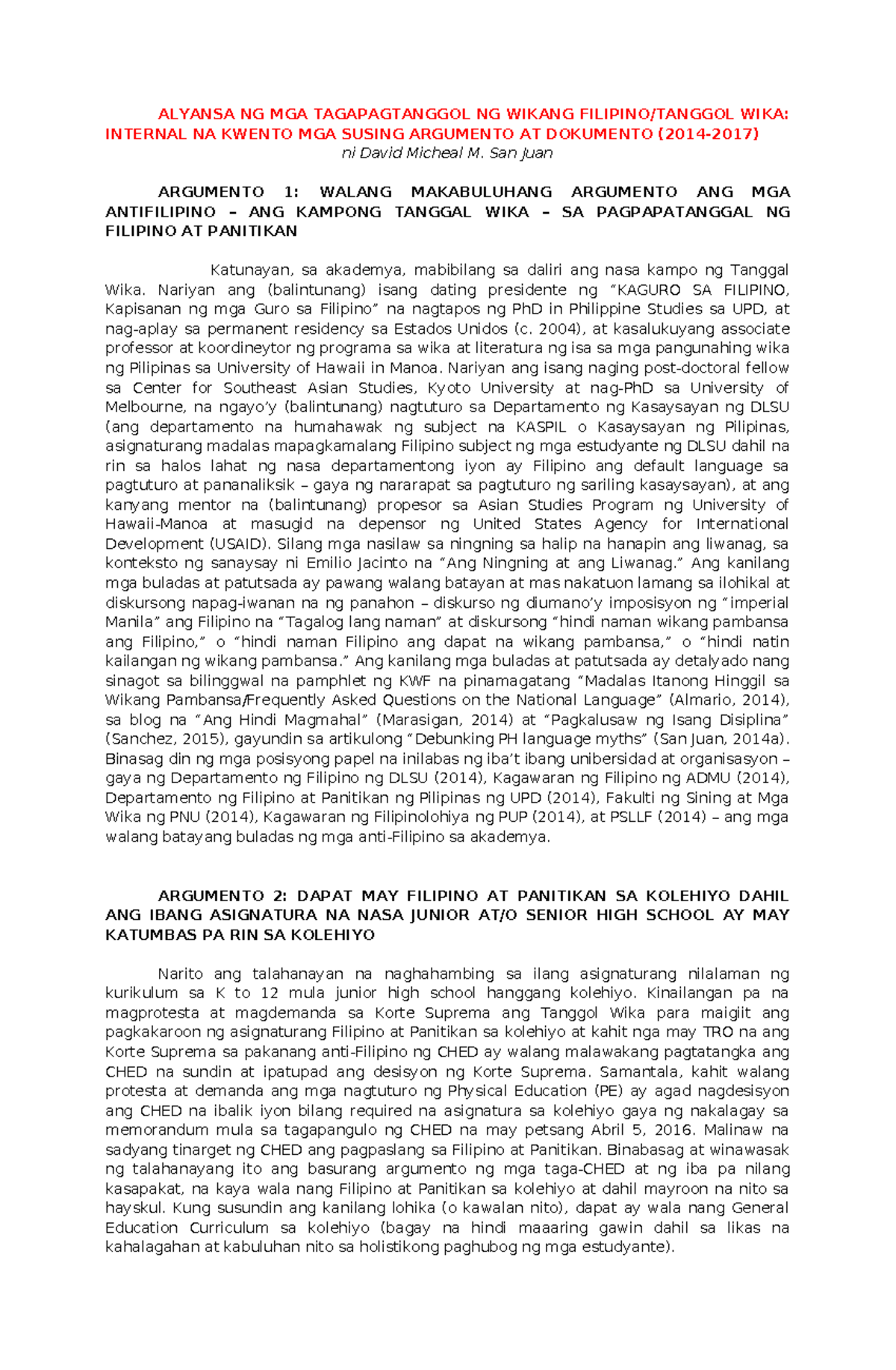 Alyans~1 - Lecture notes - ALYANSA NG MGA TAGAPAGTANGGOL NG WIKANG ...
