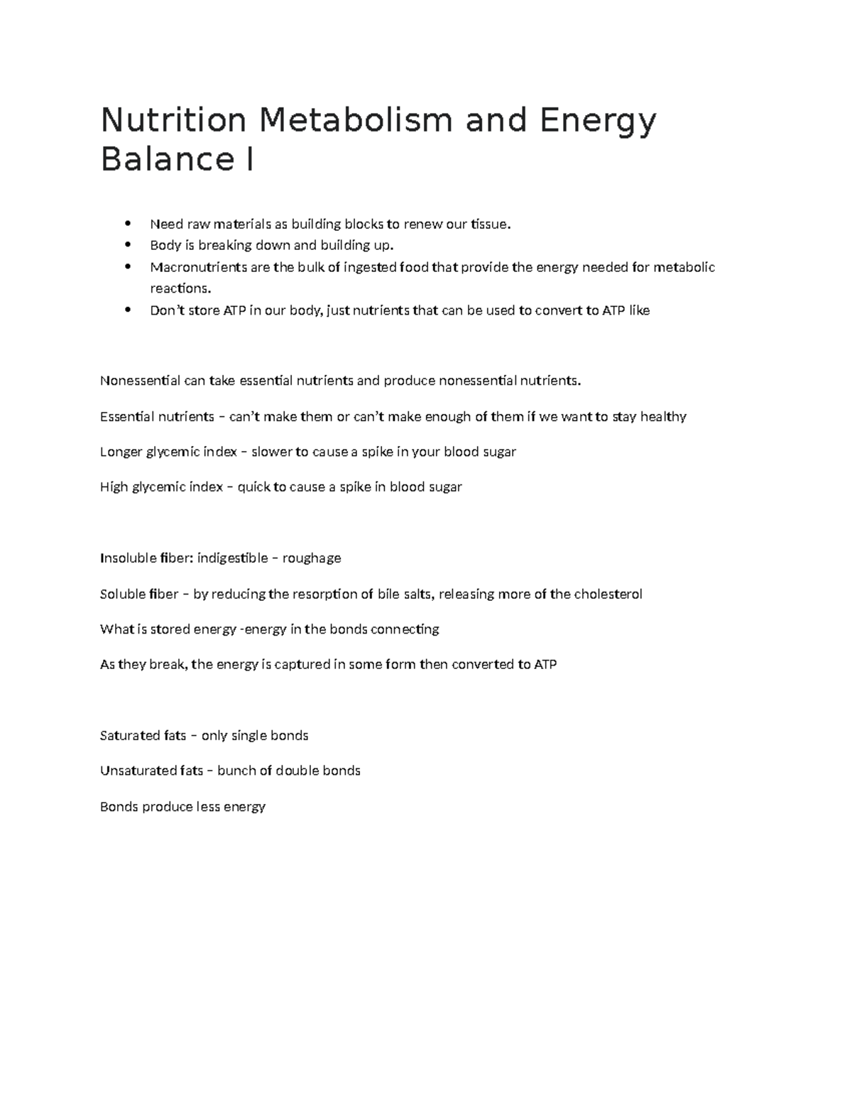 Nutrition Metabolism and Energy Balance I - Nutrition Metabolism and ...