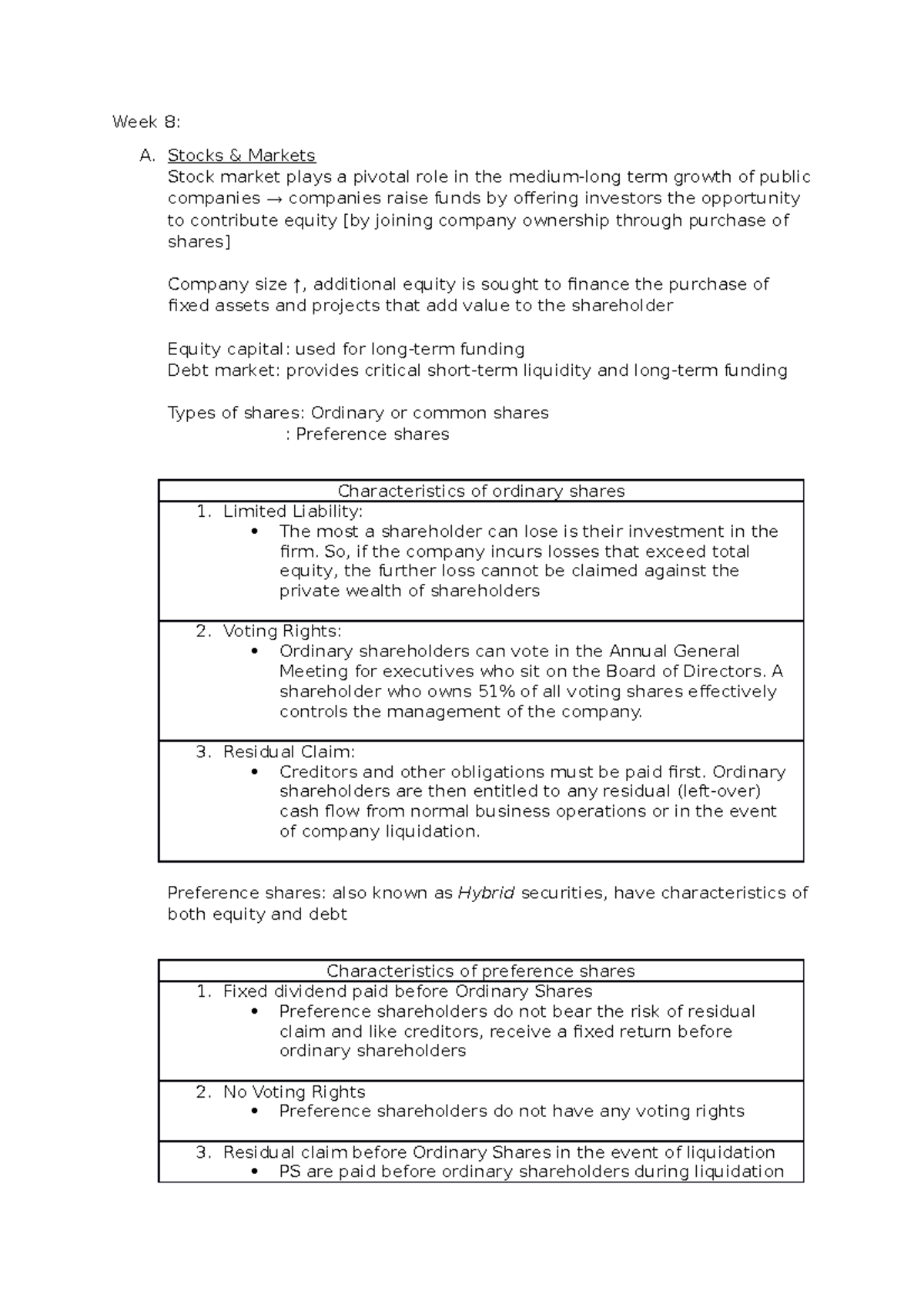Finance week 8 notes - Week 8: A. Stocks & Markets Stock market plays a ...