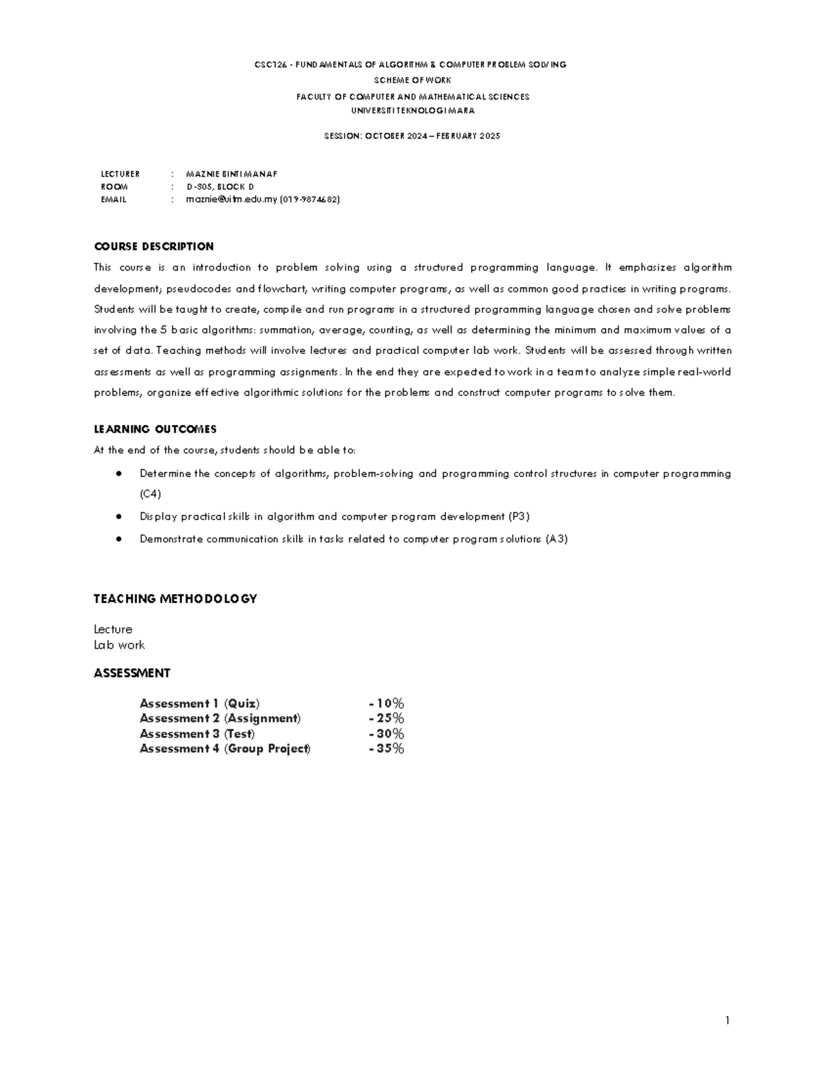 CSC126 SOW (OCT 2024 - FEB 2025) - 1 CSC126 - FUNDAMENTALS OF ALGORITHM ...