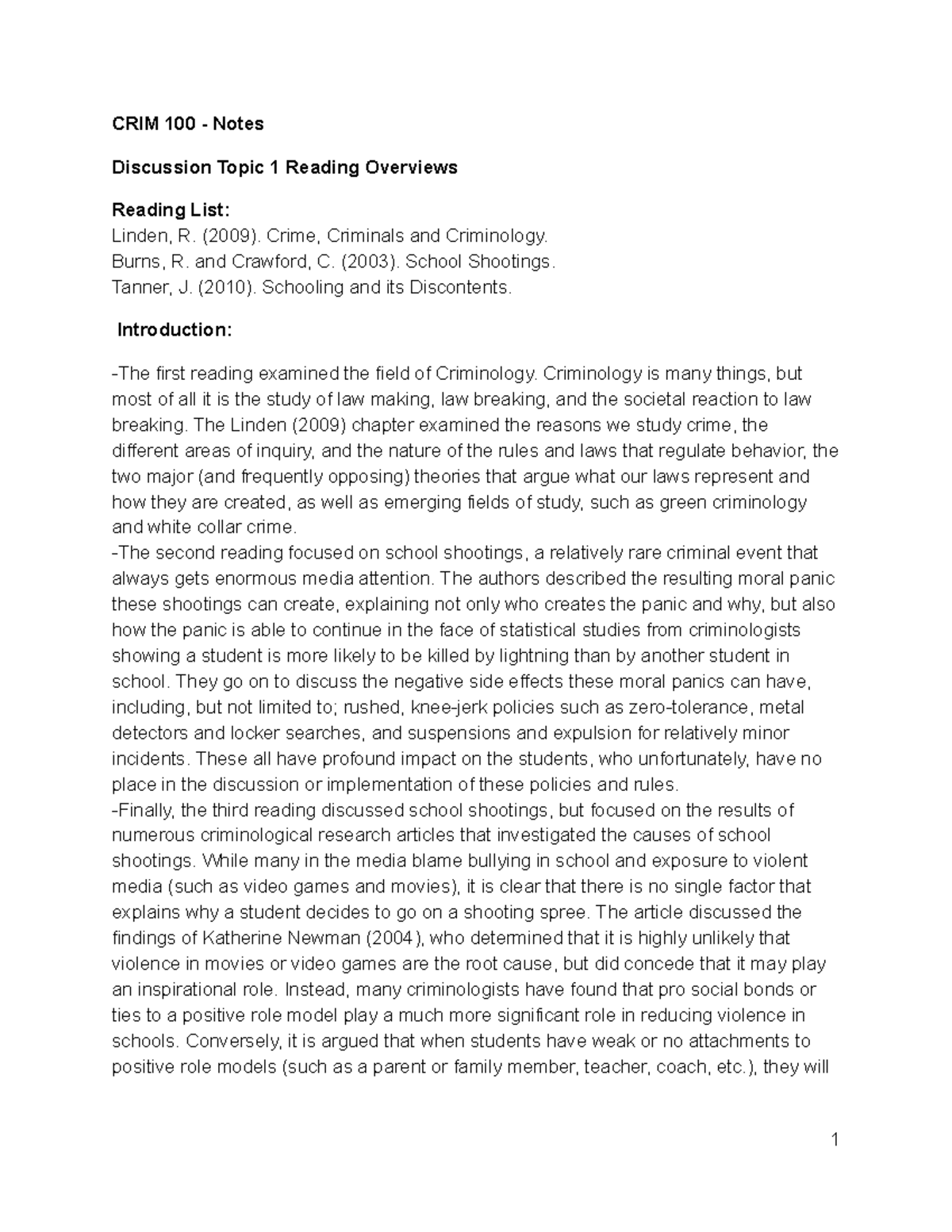 Lecture 1 notes - Module overview - CRIM 100 - Notes Discussion Topic 1 ...