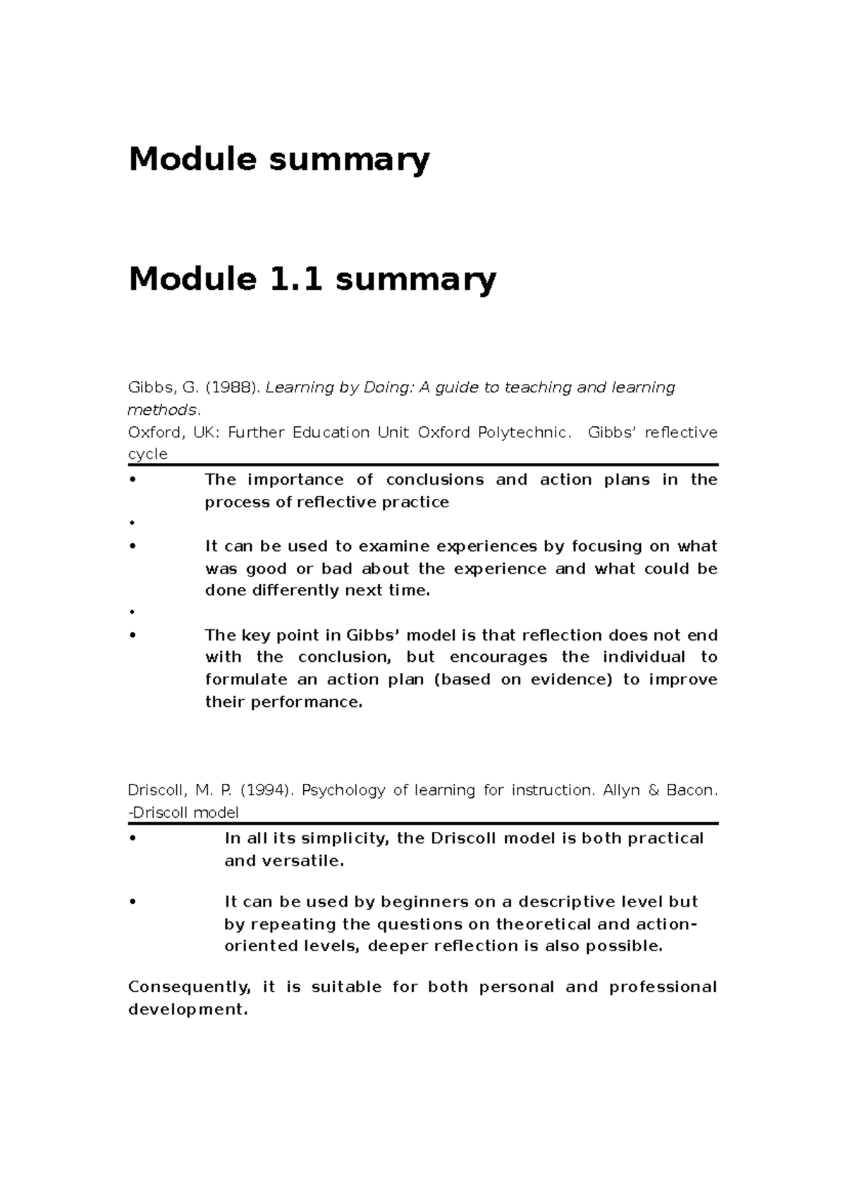 Module summary - hahahahaha - Module summary Module 1 summary Gibbs, G ...