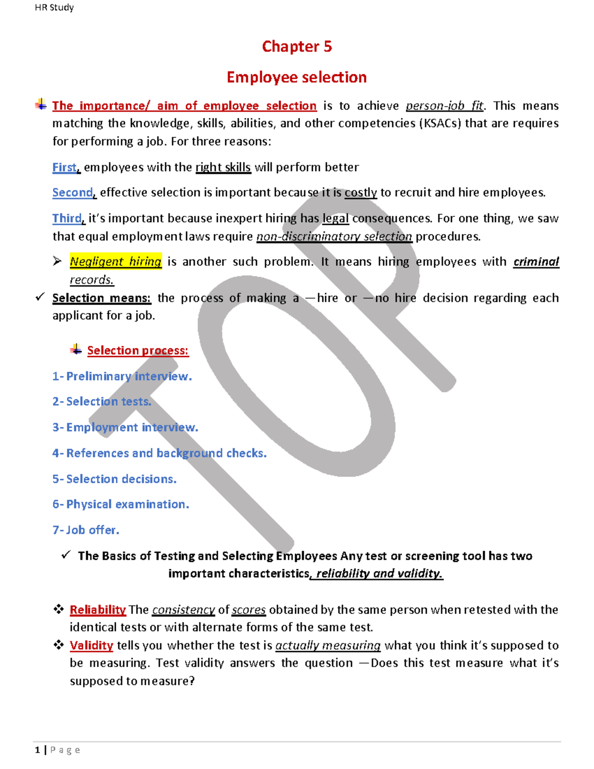 HR ch5 - Chapter 5 Employee selection The importance/ aim of employee ...