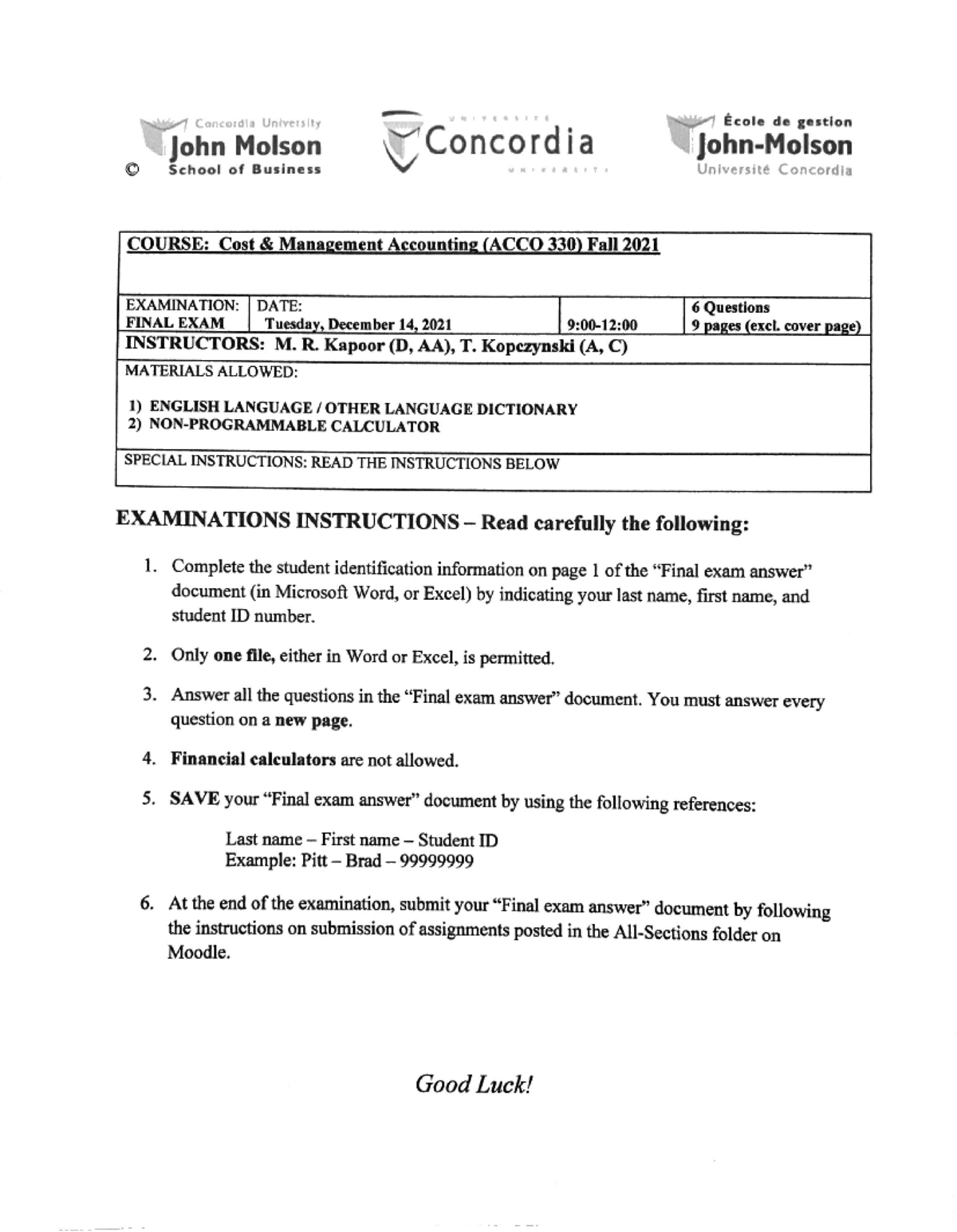 ACCO 330 - Final (Fall 2021) - ACCO 330 - Studocu