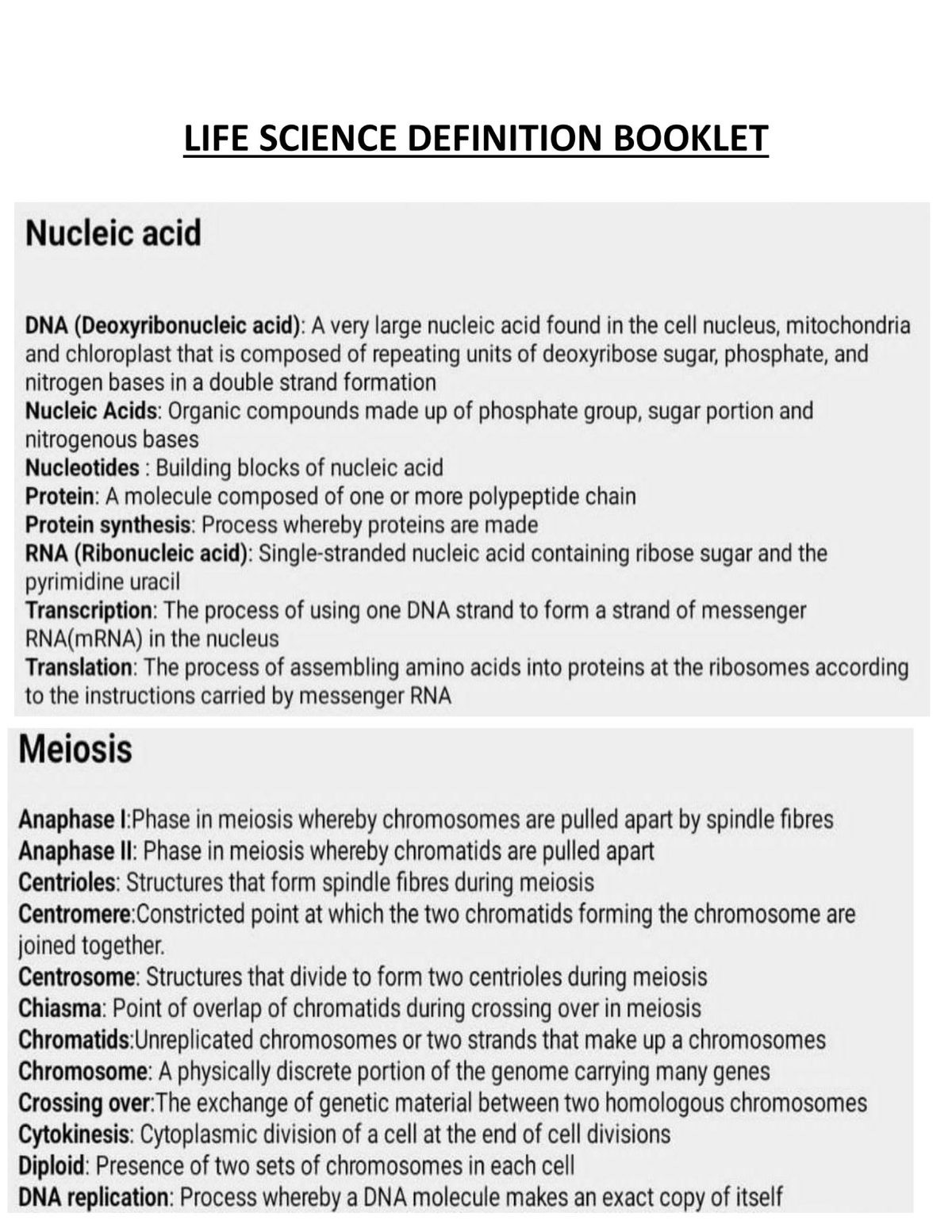 LS Definition Booklet - Yes - LIFE SCIENCE DEFINITION BOOKLET Nucleic ...