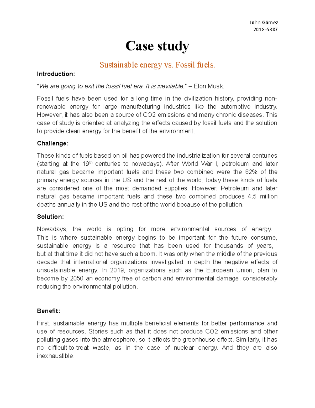 Case study - John Gómez 2018- Case study Sustainable energy vs. Fossil ...