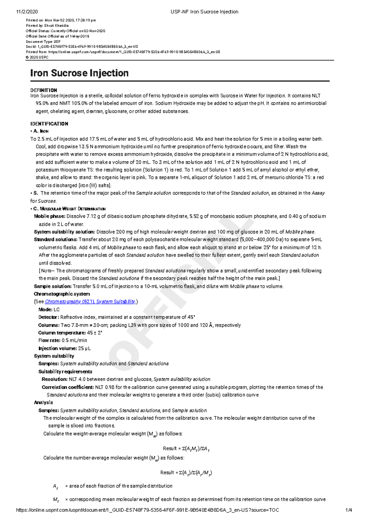 Iron Sucrose Injection - Printed on: Mon Nov 02 2020, 17:28:19 pm ...