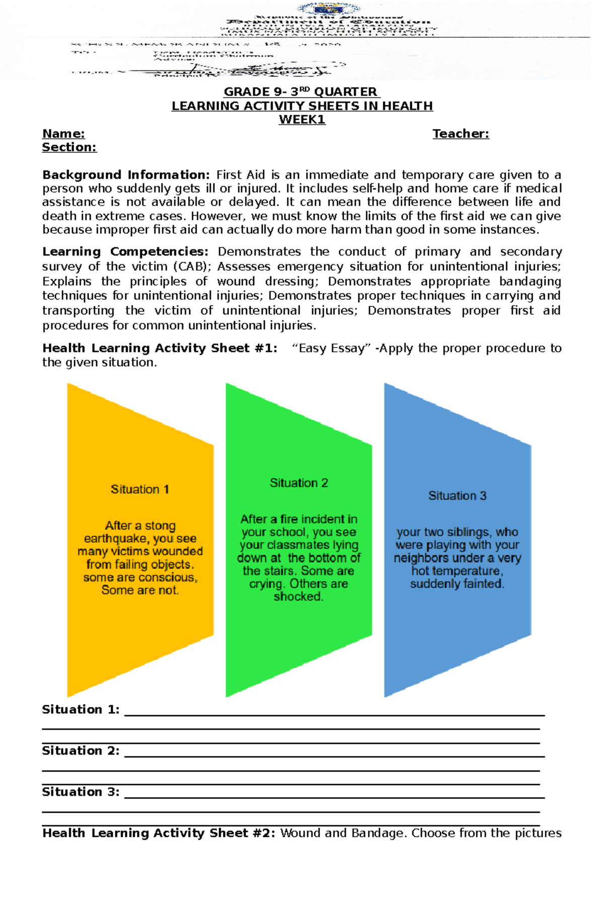 3rd Quarter LAS Health 9 Week1 - GRADE 9- 3RD QUARTER LEARNING ACTIVITY ...