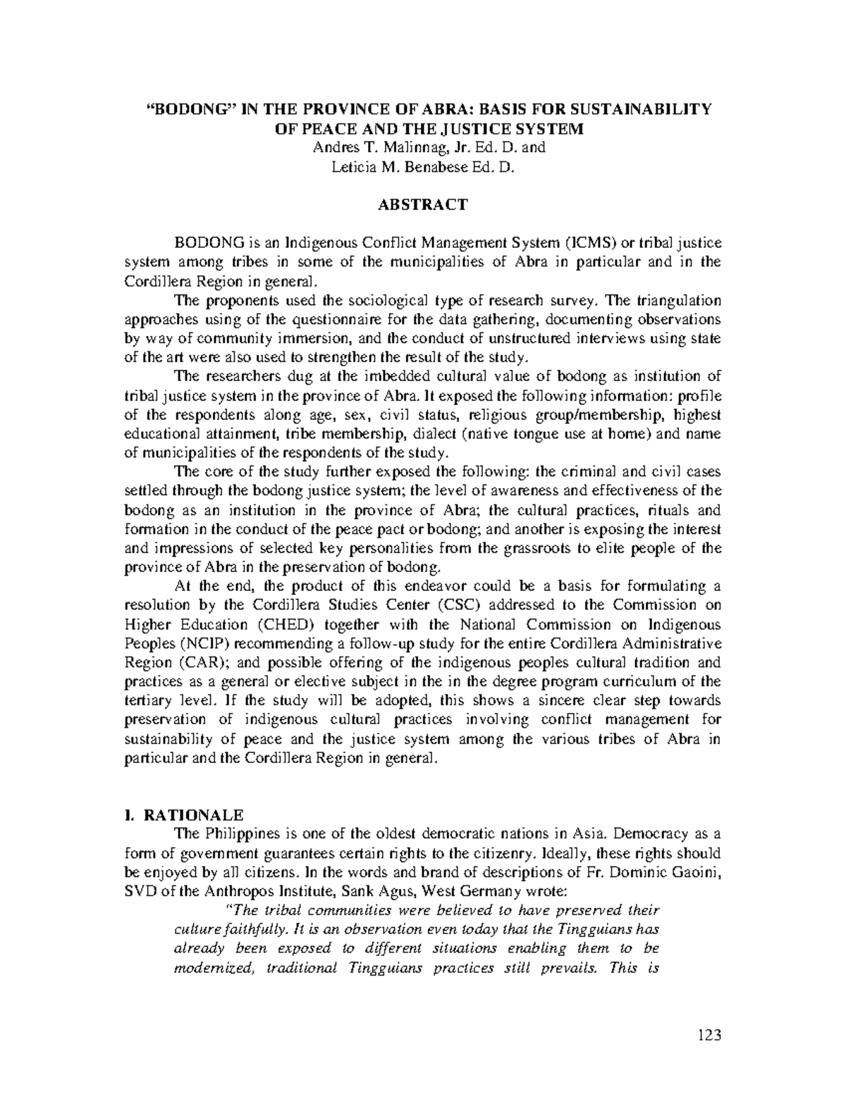 Bodong in the province of Abra Malinnag and Benabese - “BODONG” IN THE ...