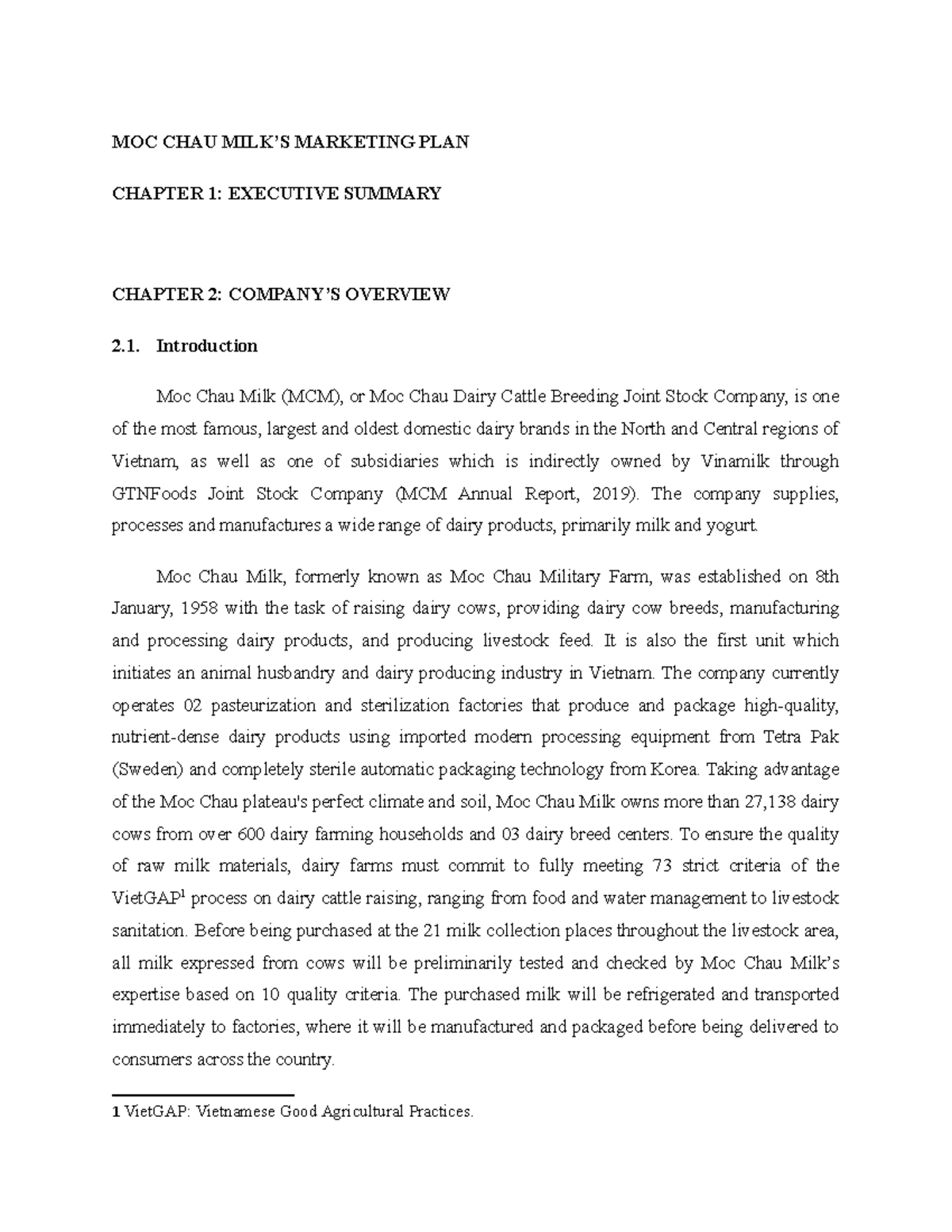 Outline of Marketing Plan - MOC CHAU MILK’S MARKETING PLAN CHAPTER 1 ...