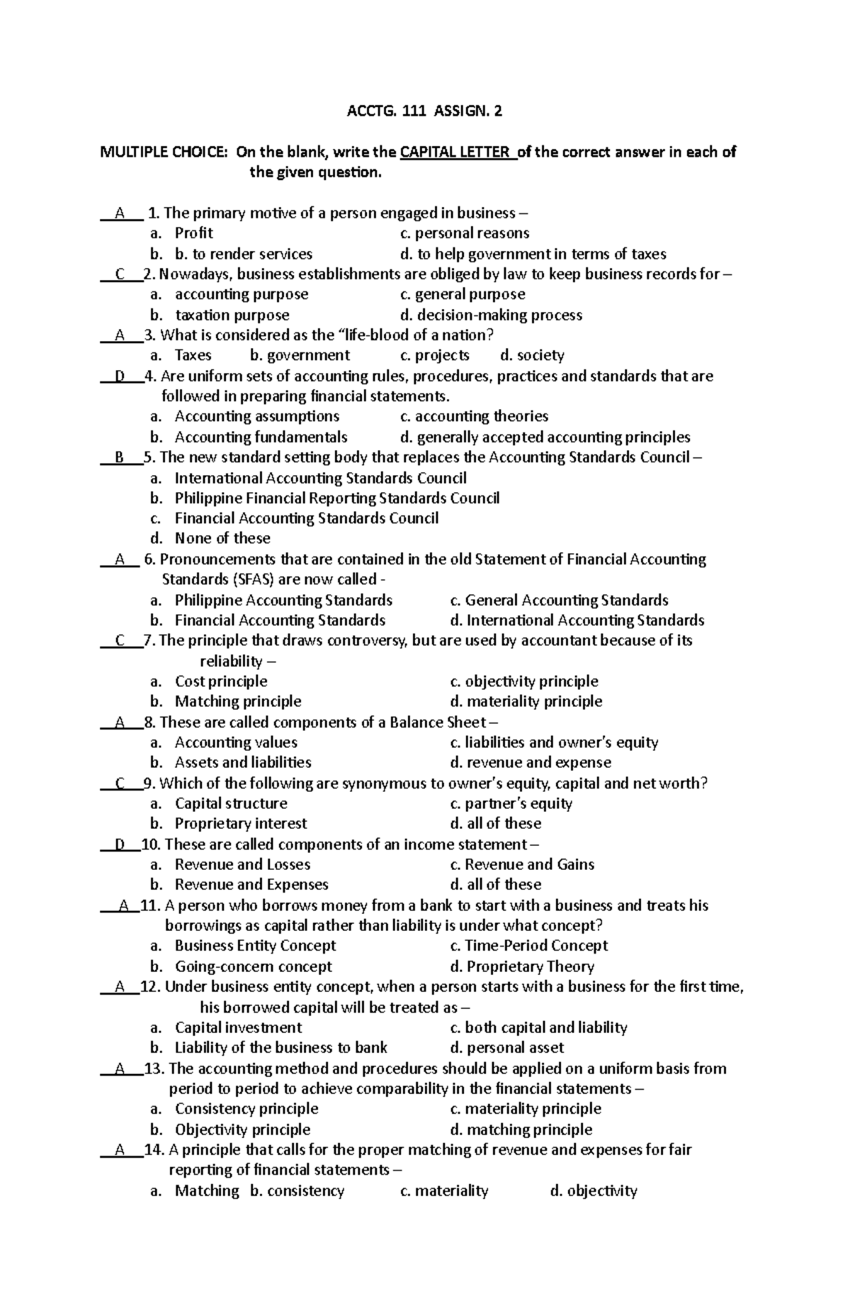 Acctg 111 Assign. 2 - ACCTG. 111 ASSIGN. 2 MULTIPLE CHOICE: On the ...