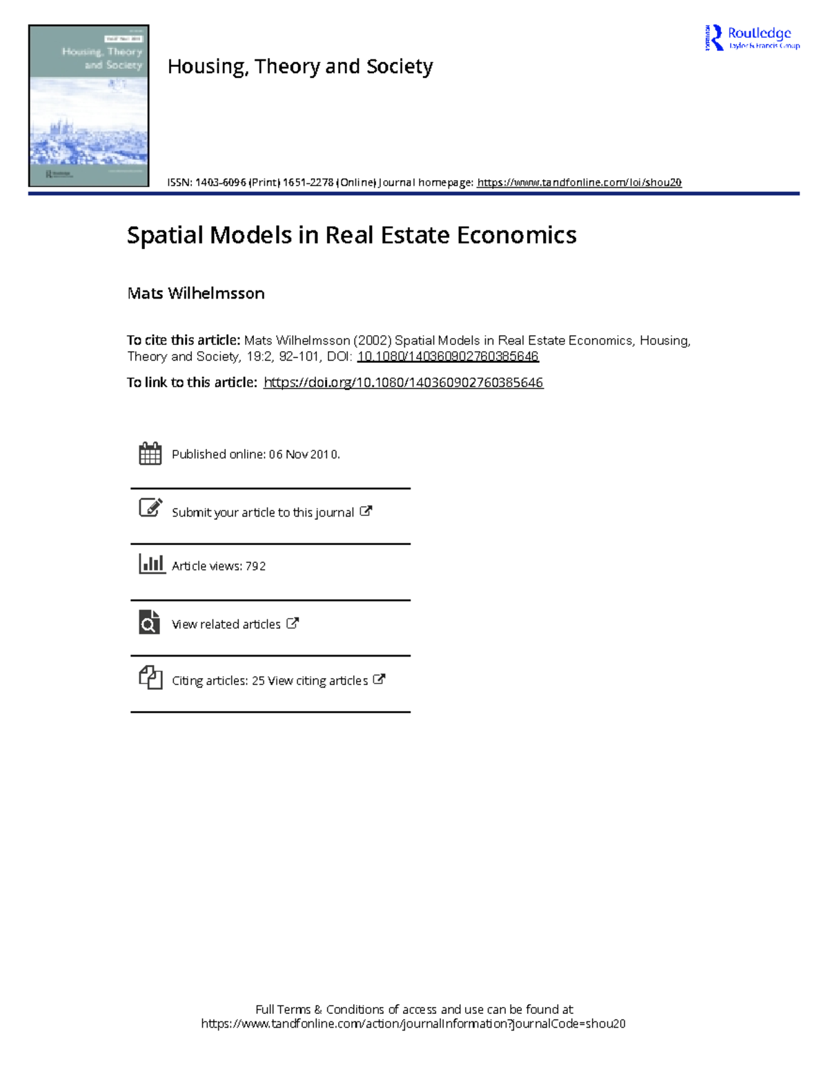 Spatial Models in Real Estate Economics - 1080/ Published online: 06 ...