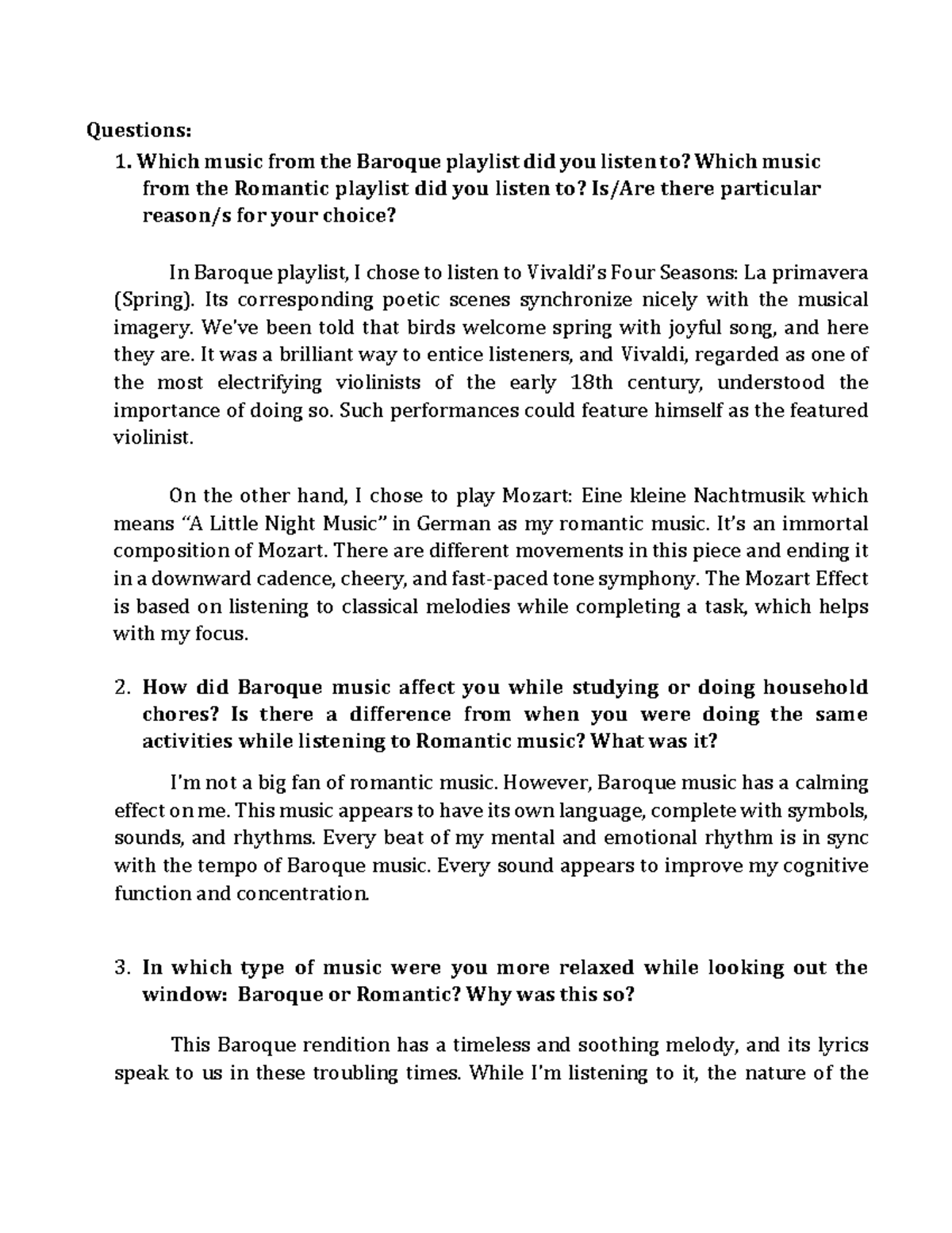 Baroque and Romantic Music - Questions: 1. Which music from the Baroque ...