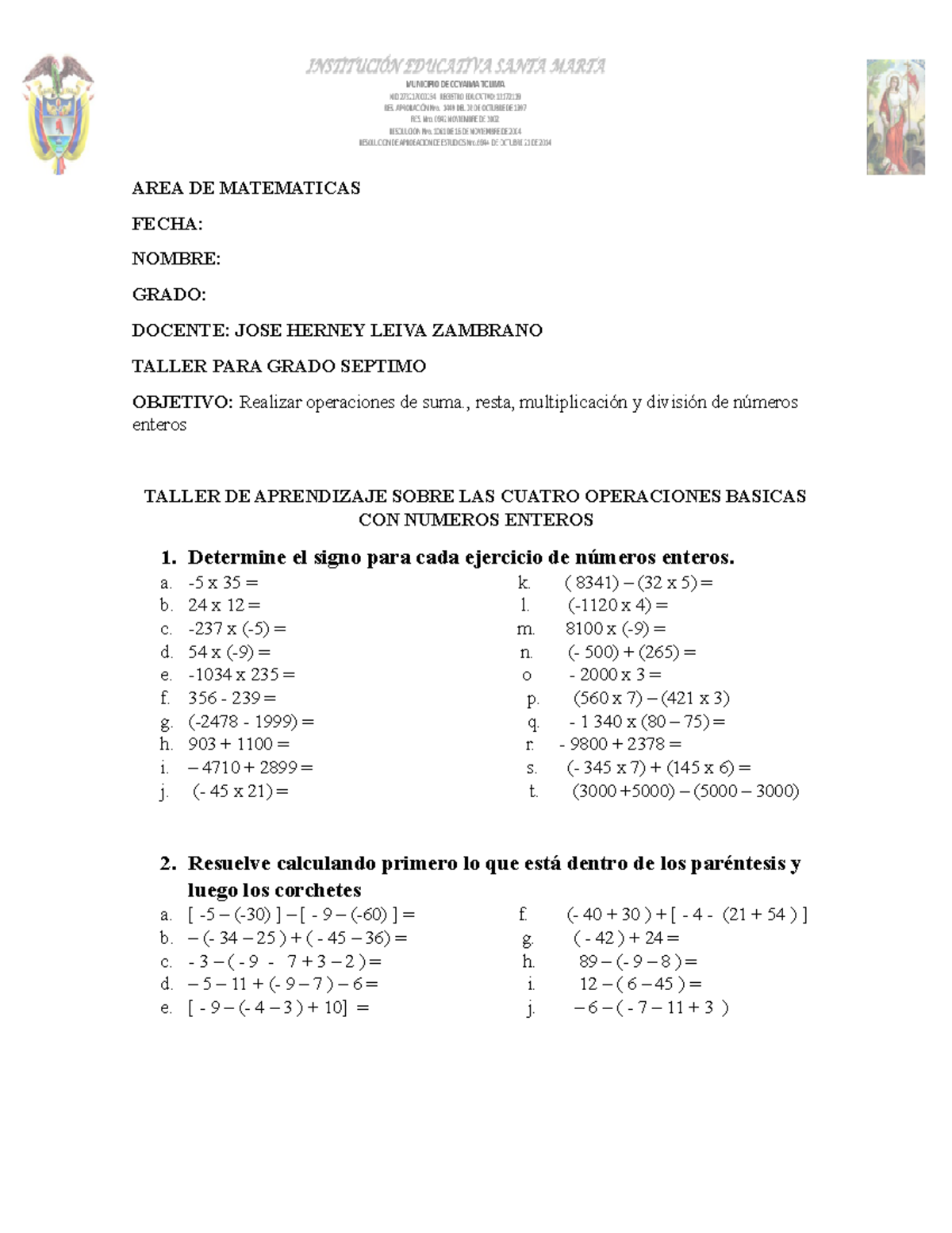 Taller DE Aprendizaje Sobre LAS Cuatro Operaciones Basicas CON Numeros ...
