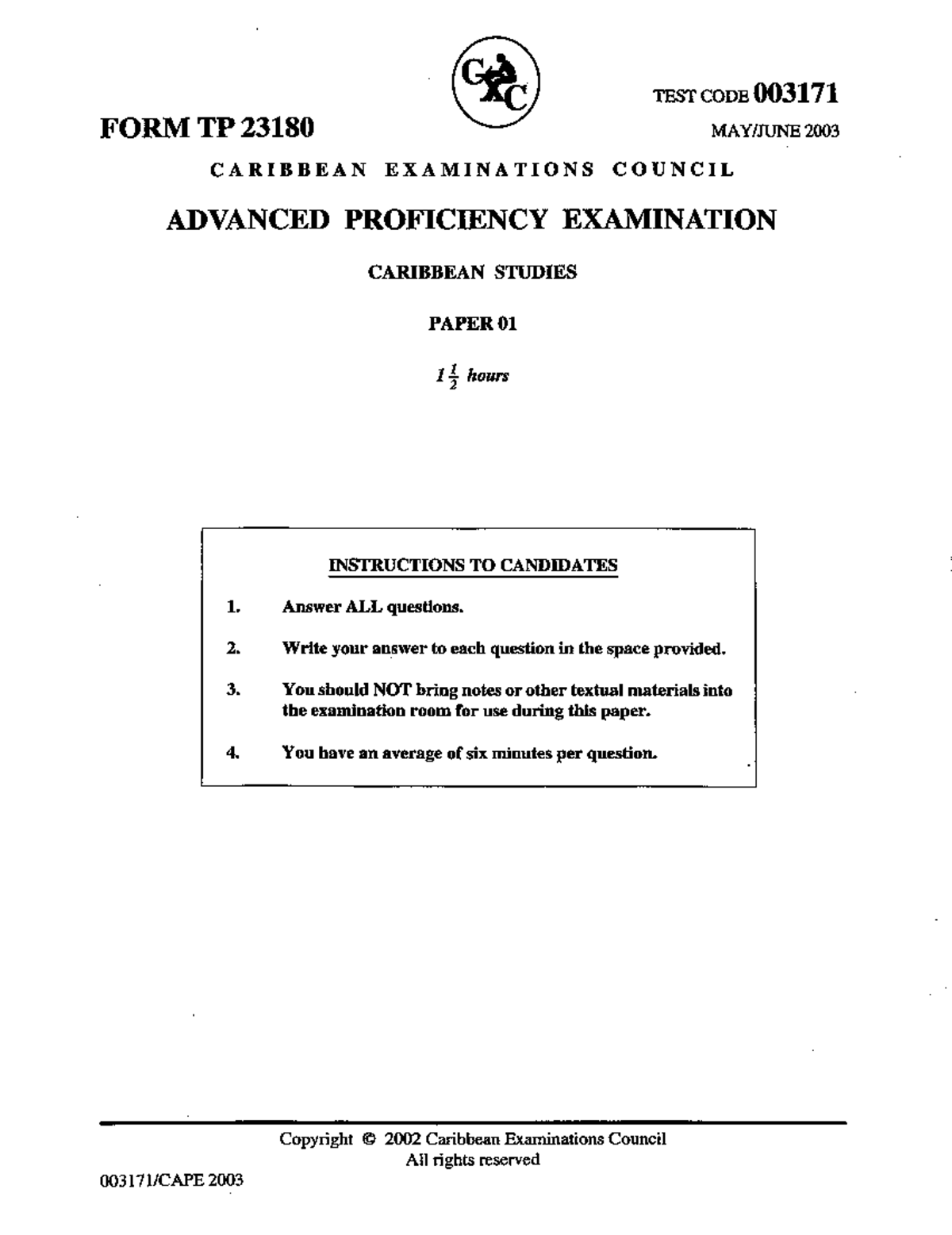 CAPE Caribbean Studies P1-merged - TEST CODE 003171 FORM TP 23180 MAY ...