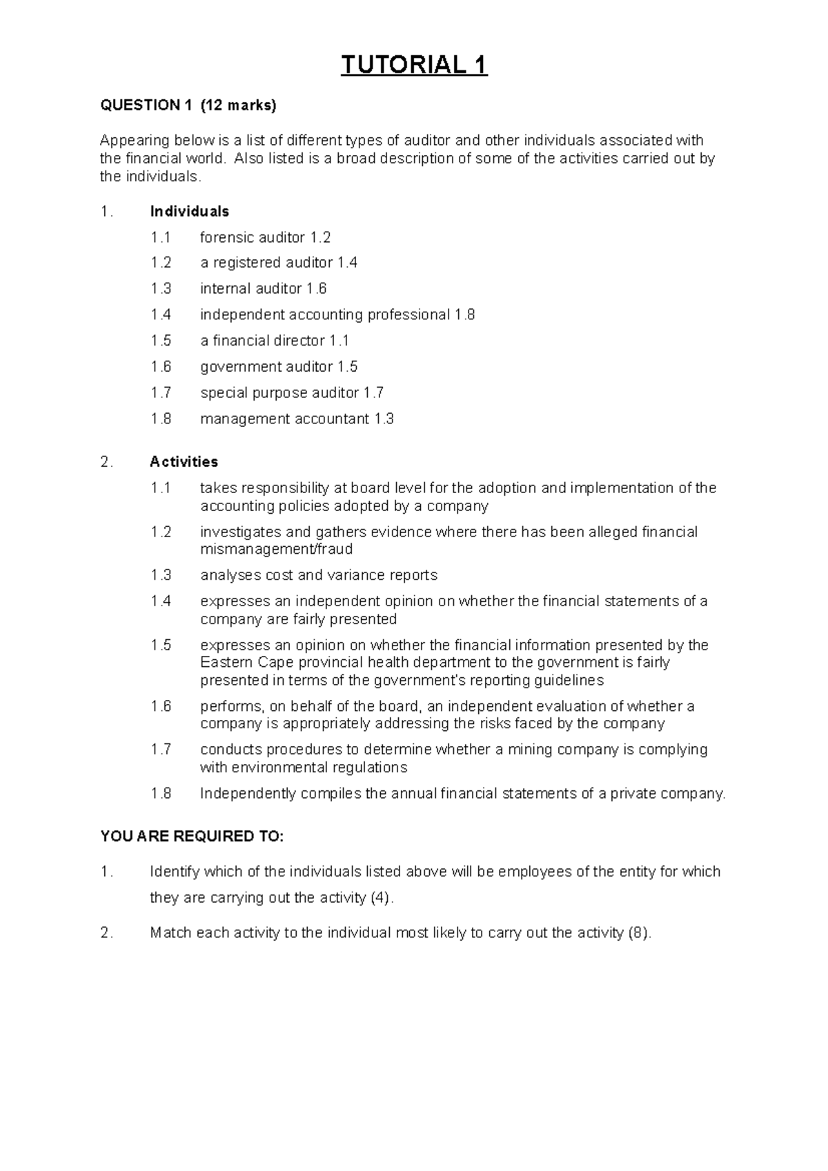 Tutorial 1 - TUTORIAL 1 QUESTION 1 (12 marks) Appearing below is a list of different types of ...